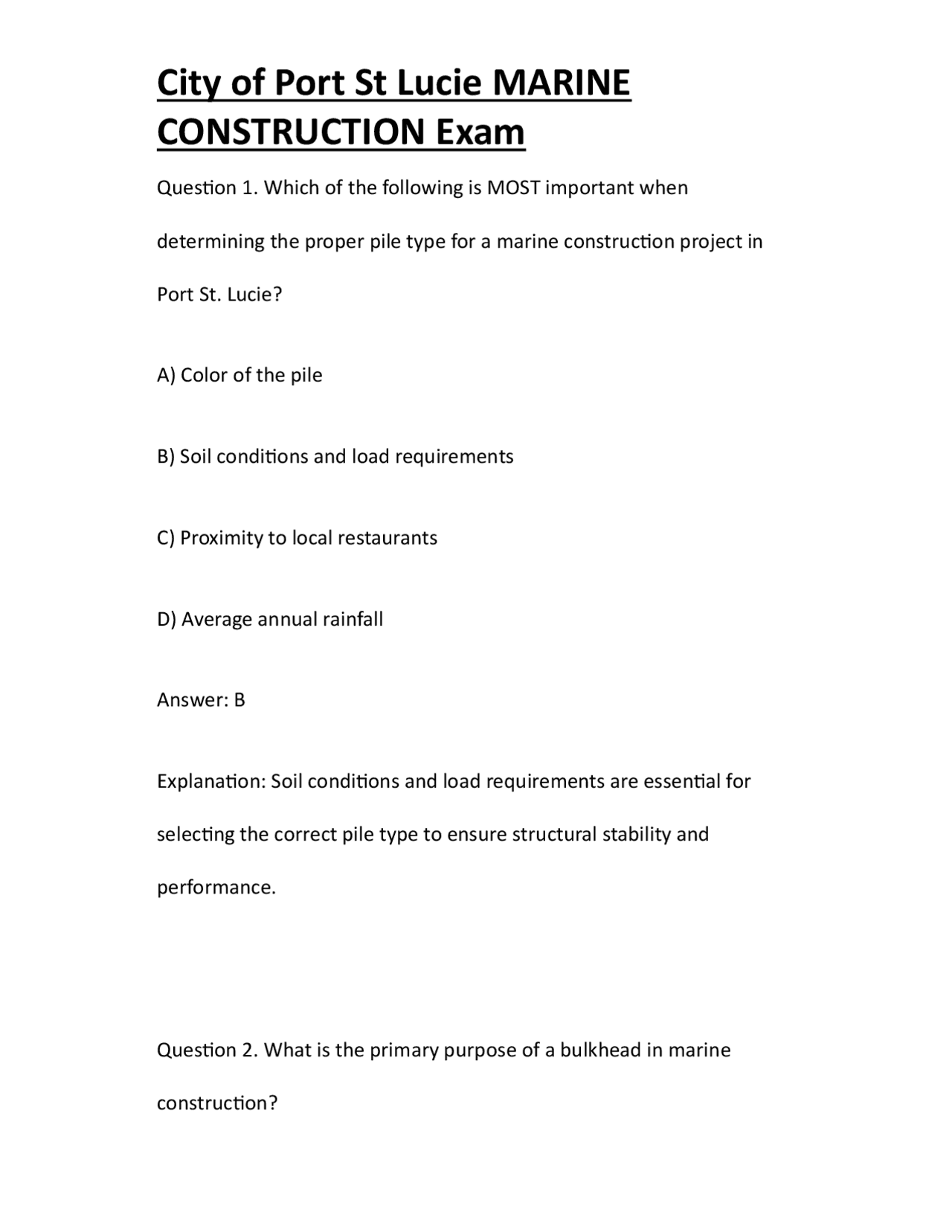 Marine Construction Exam Questions and Answers | Exams Technology | Docsity