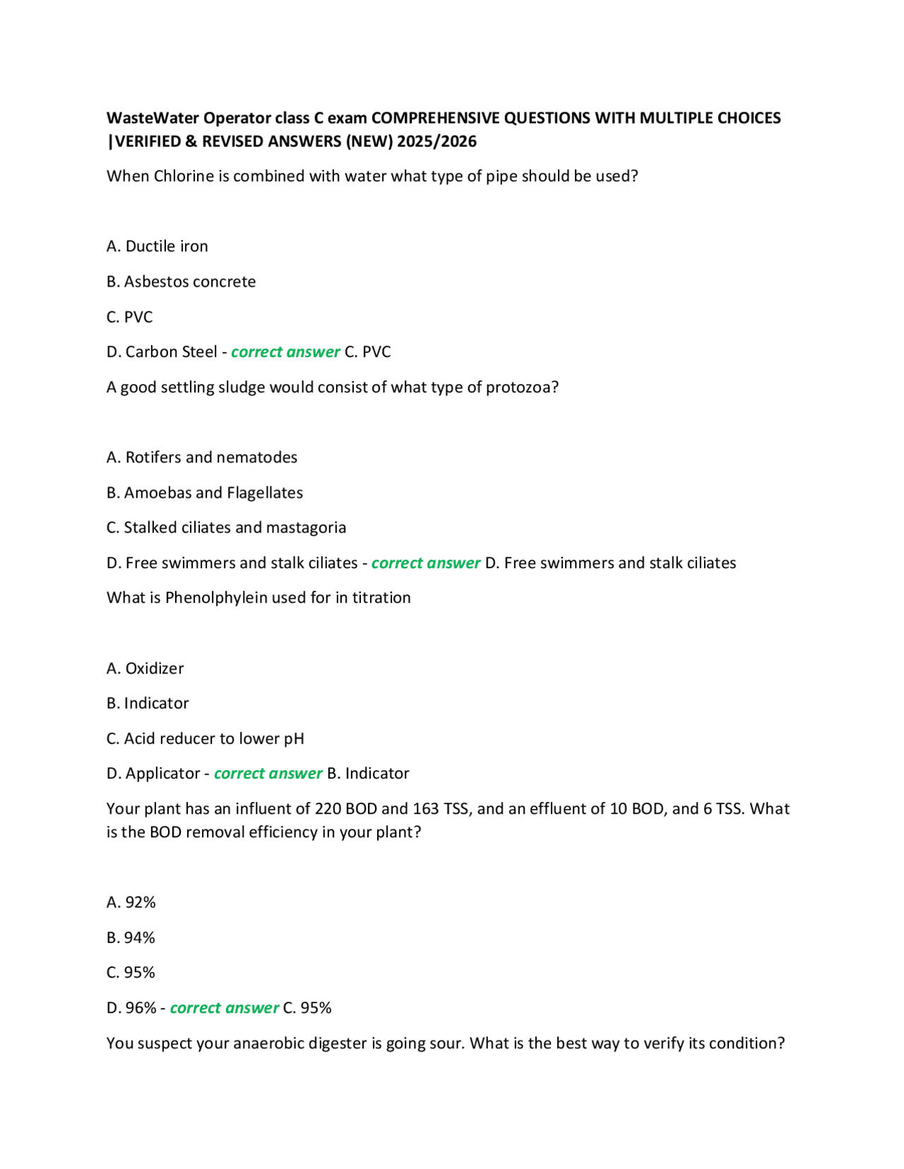 WasteWater Operator class C exam COMPREHENSIVE QUESTIONS WITH MULTIPLE ...