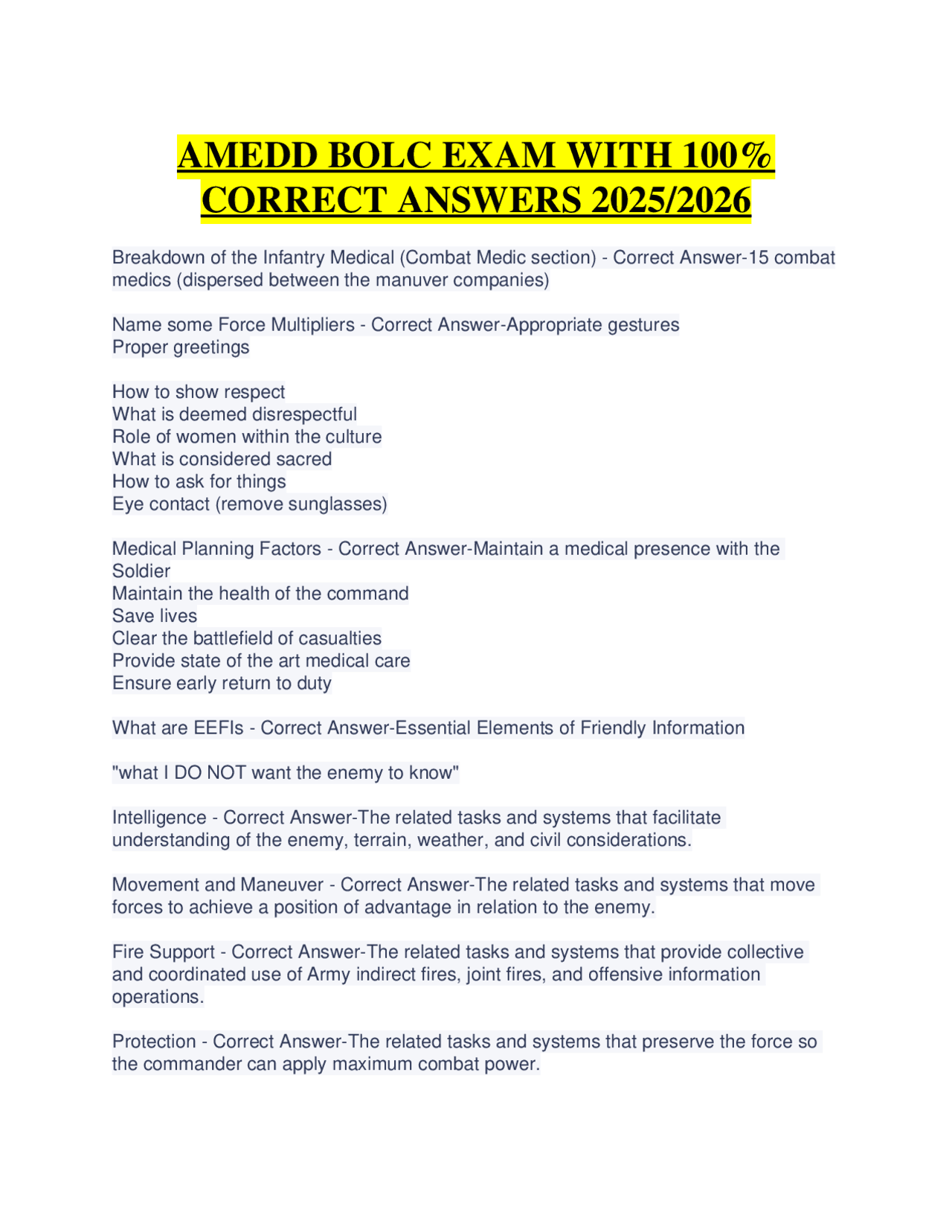 AMEDD BOLC EXAM WITH 100% CORRECT ANSWERS 2025/2026 | Exams Advanced ...