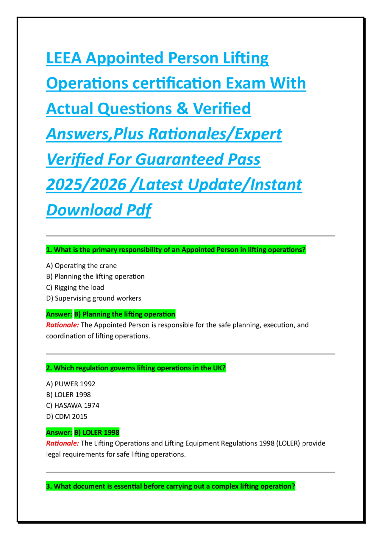 LEEA Appointed Person Lifting Operations certification Exam With Actual ...