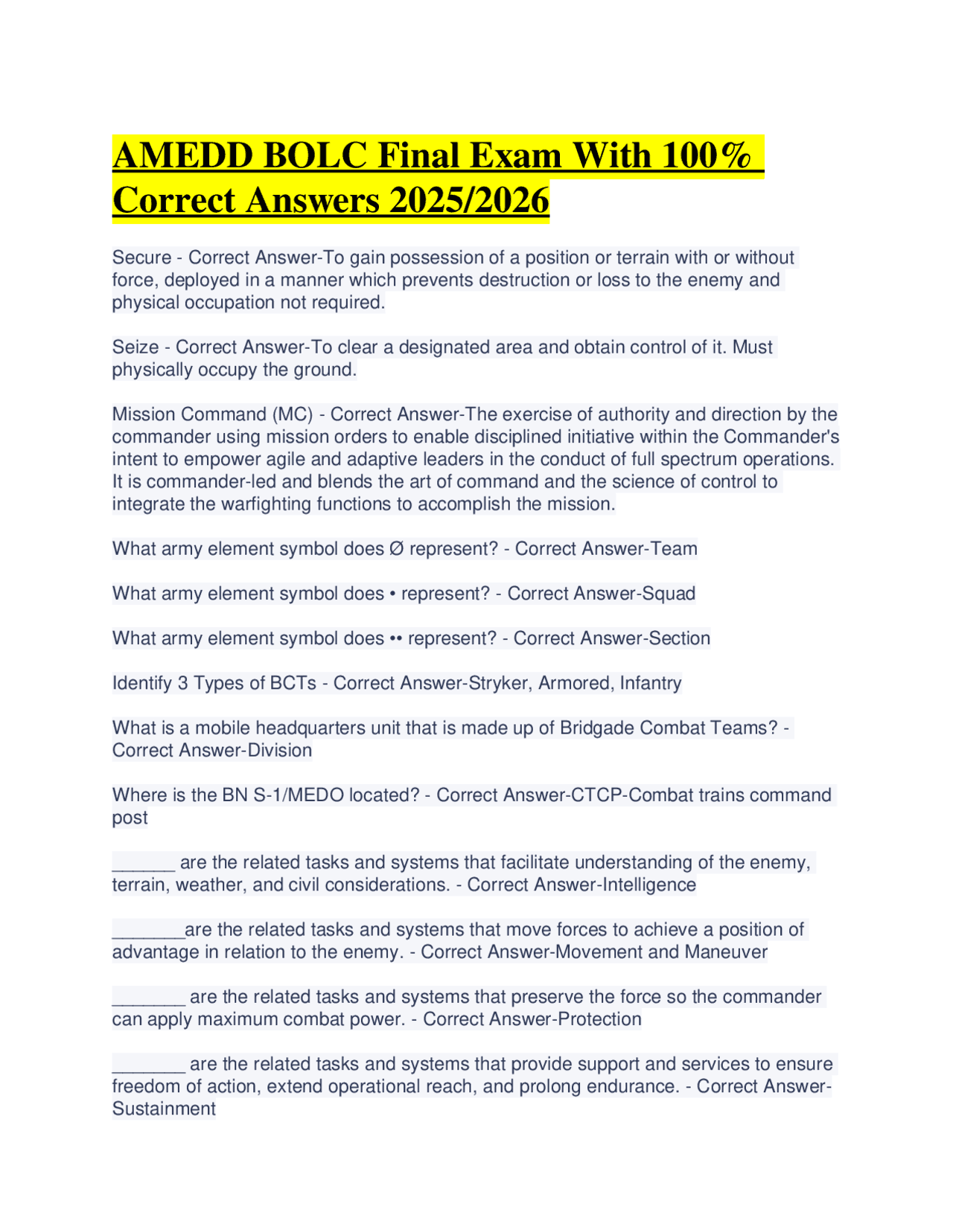 AMEDD BOLC Final Exam With 100% Correct Answers 2025/2026 | Exams ...