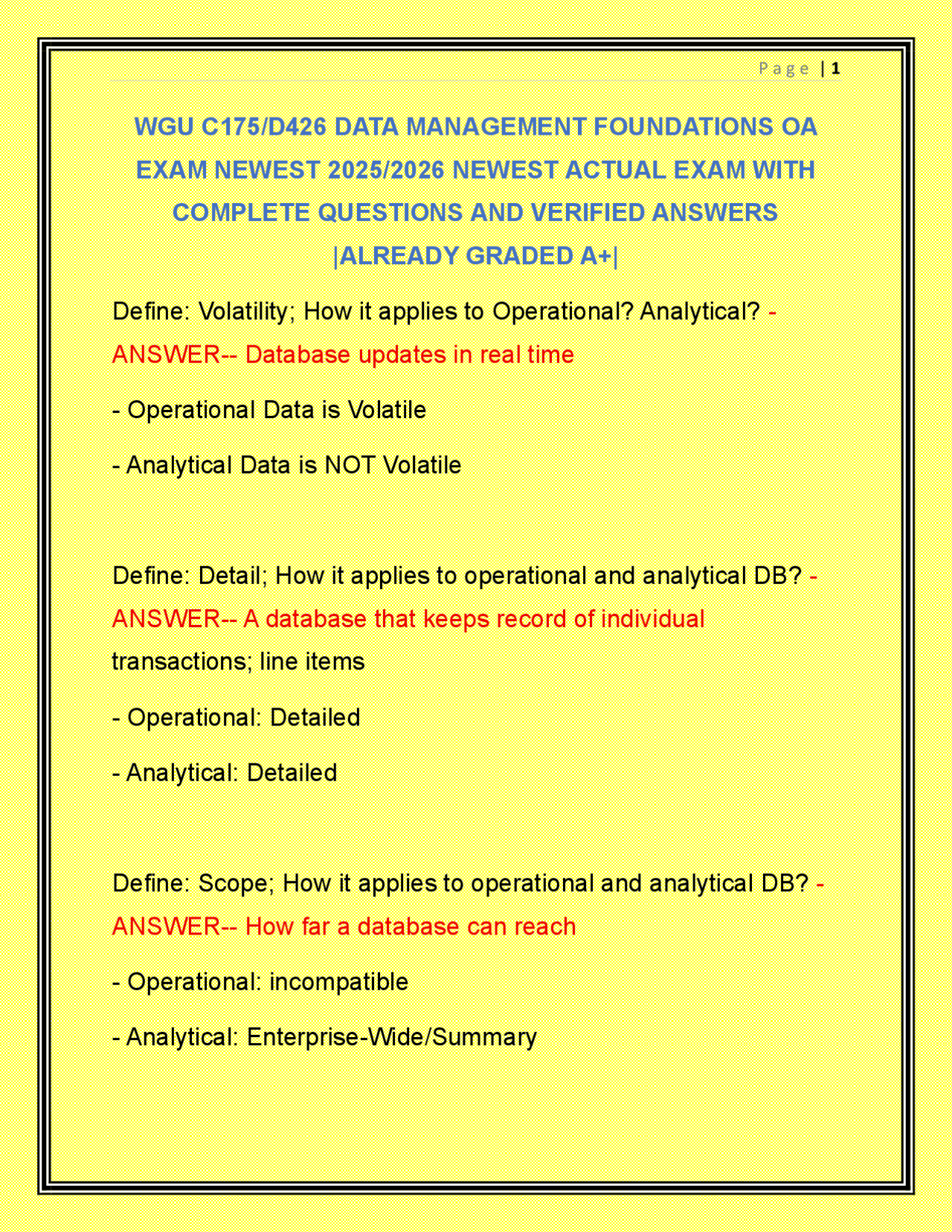 Wgu C175 D426 Data Management Foundations Oa Exam Newest 2025 2026