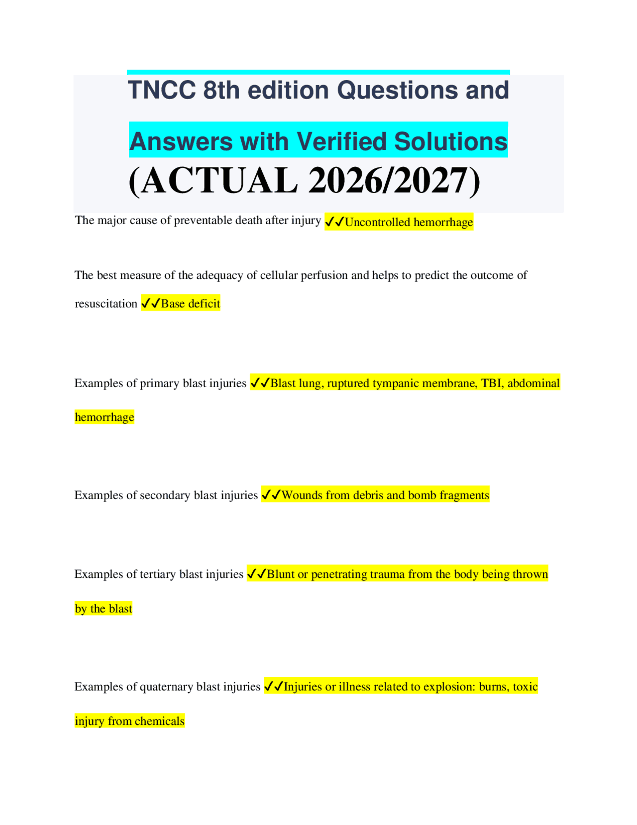 TNCC 8th edition Questions and Answers with Verified Solutions (ACTUAL 2026/2027) | Exams ...