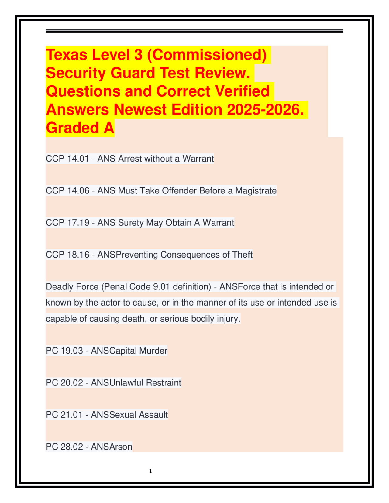 Texas Level 3 (Commissioned) Security Guard Test Review. Q&A 2025-2026 ...