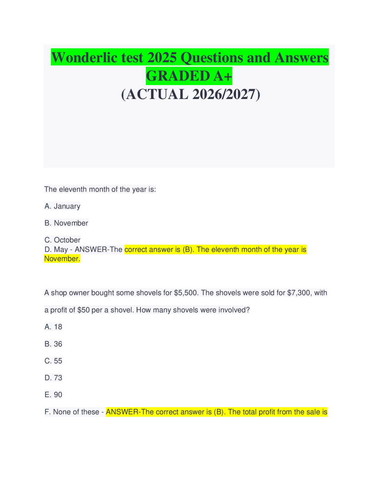 Wonderlic test 2025 Questions and Answers GRADED A+ (ACTUAL 2026/2027 ...