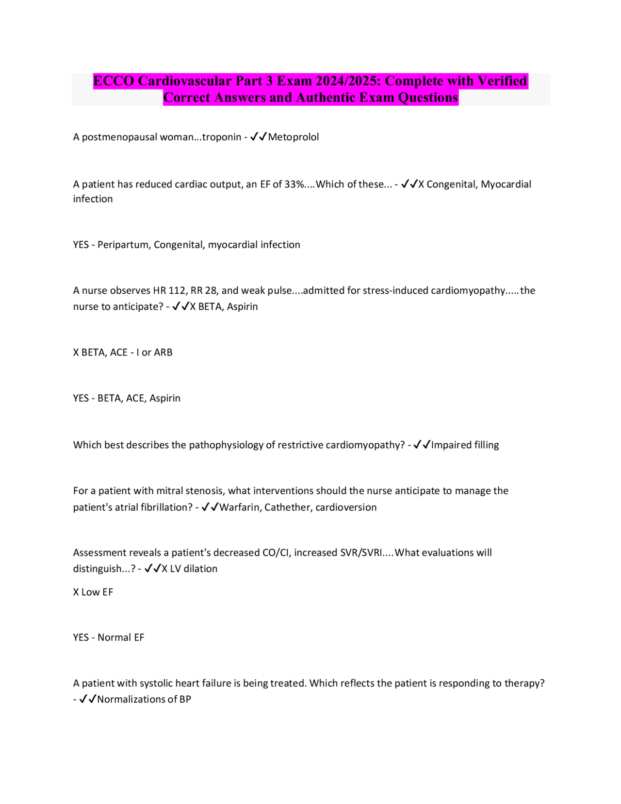 ECCO Cardiovascular Part 3 Exam 2024/2025: Complete with Verified ...