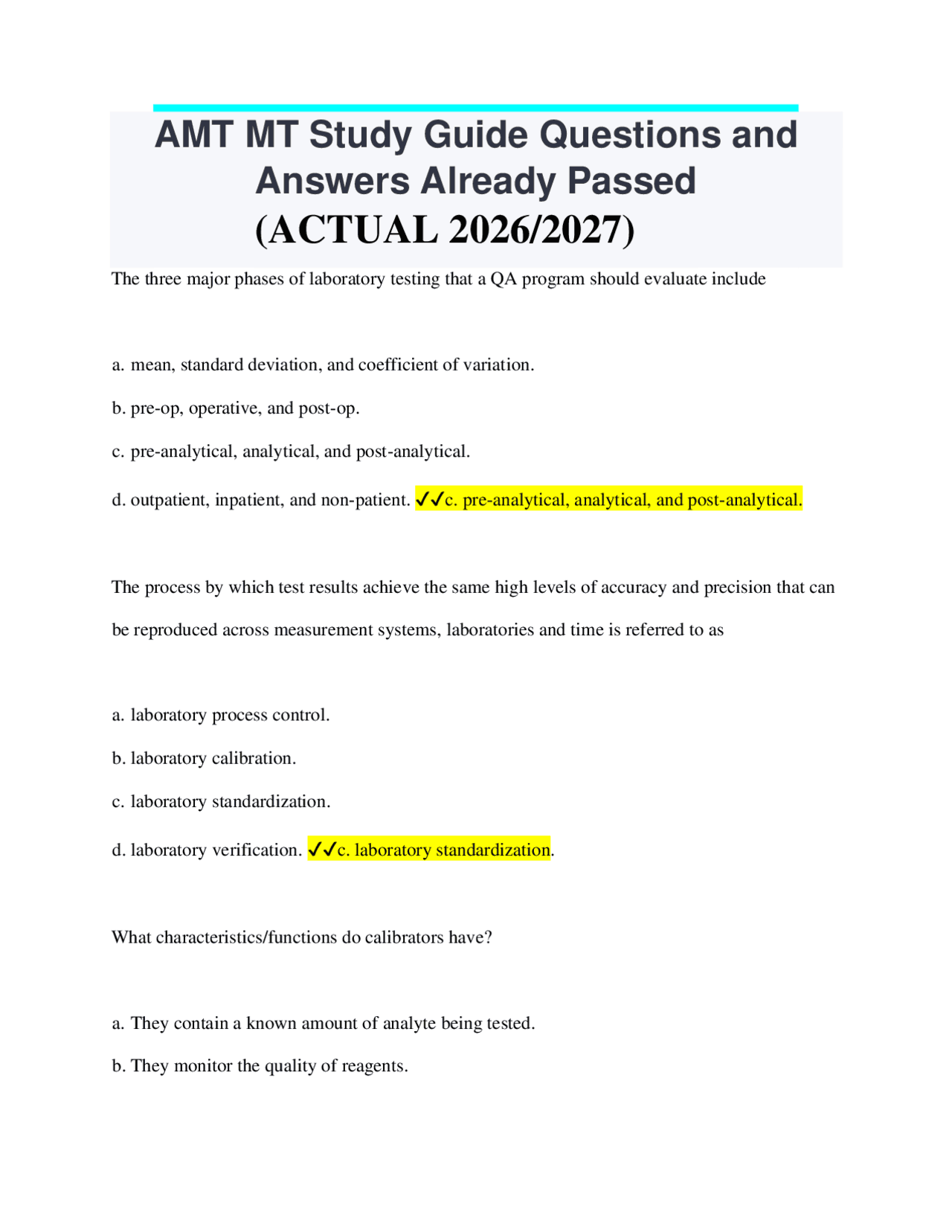 AMT MT Study Guide Questions and Answers Already Passed (ACTUAL 2026/ ...