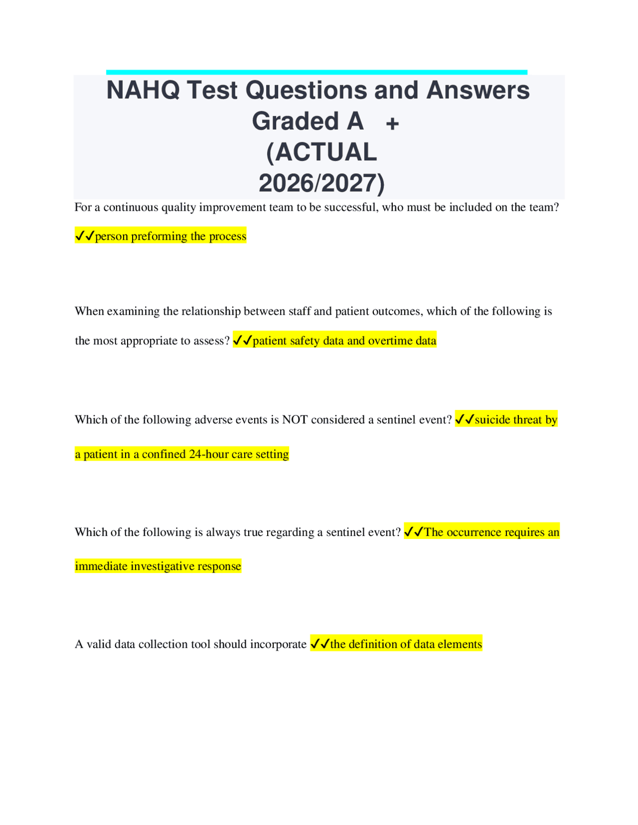 NAHQ Test Questions and Answers Graded A + (ACTUAL 2026/2027) | Exams ...