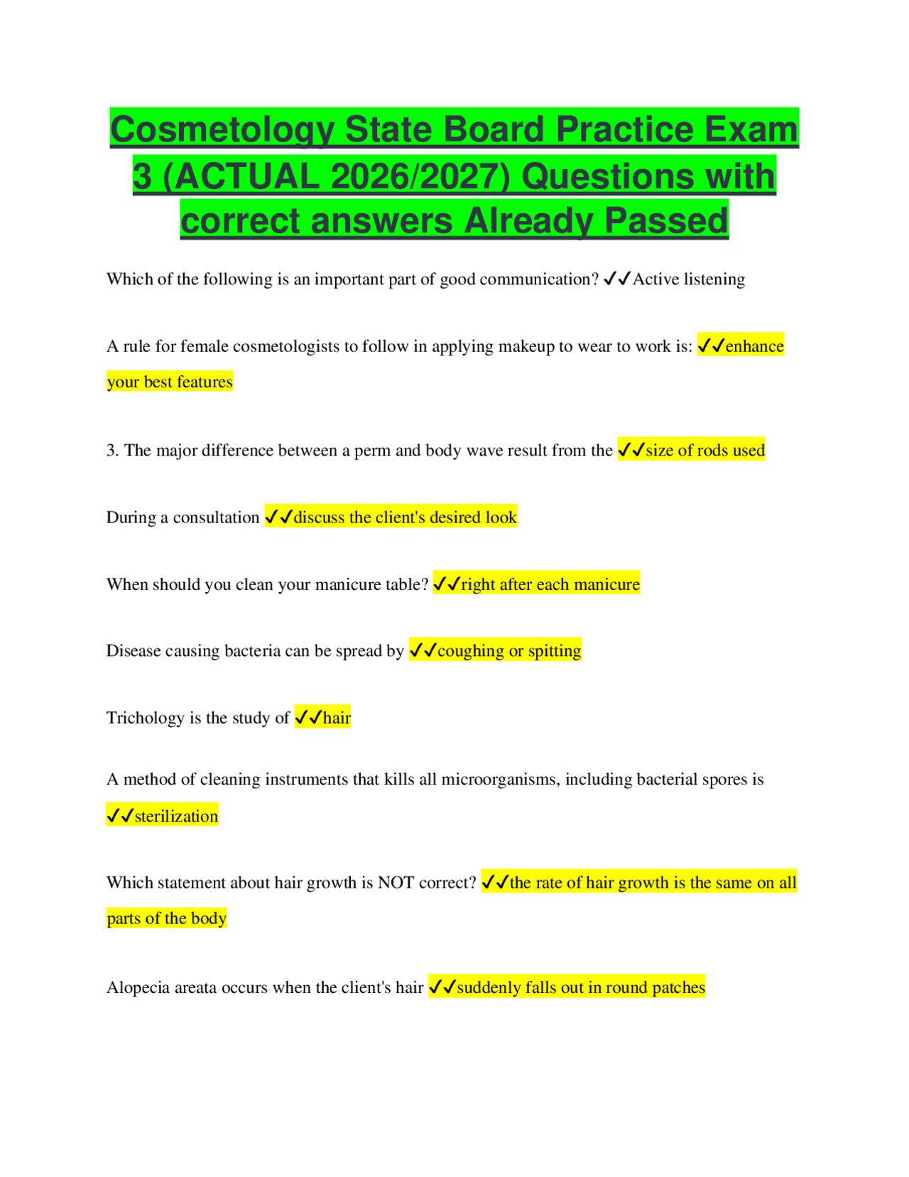 Cosmetology State Board Practice Exam 3 (ACTUAL 2026/2027) Questions ...