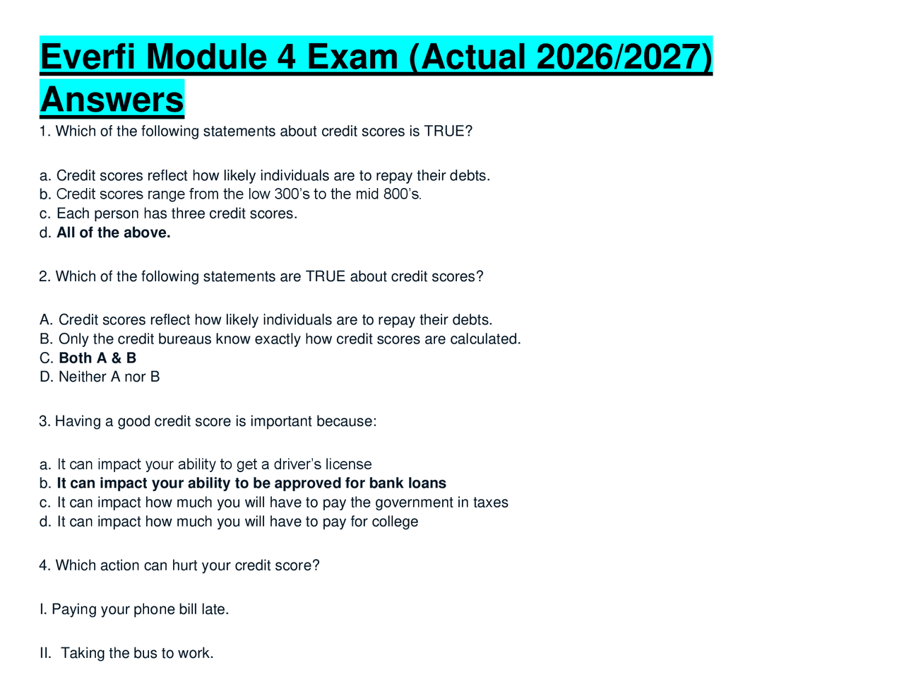 Everfi Module 4 Exam (Actual 2026/2027) Answers | Exams Finance | Docsity
