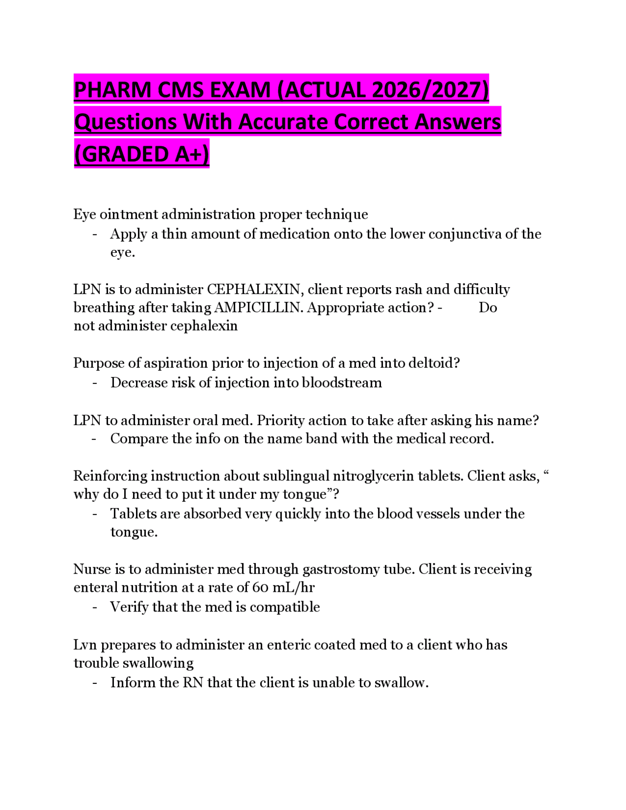 PHARM CMS EXAM (ACTUAL 2026/2027) Questions With Accurate Correct ...