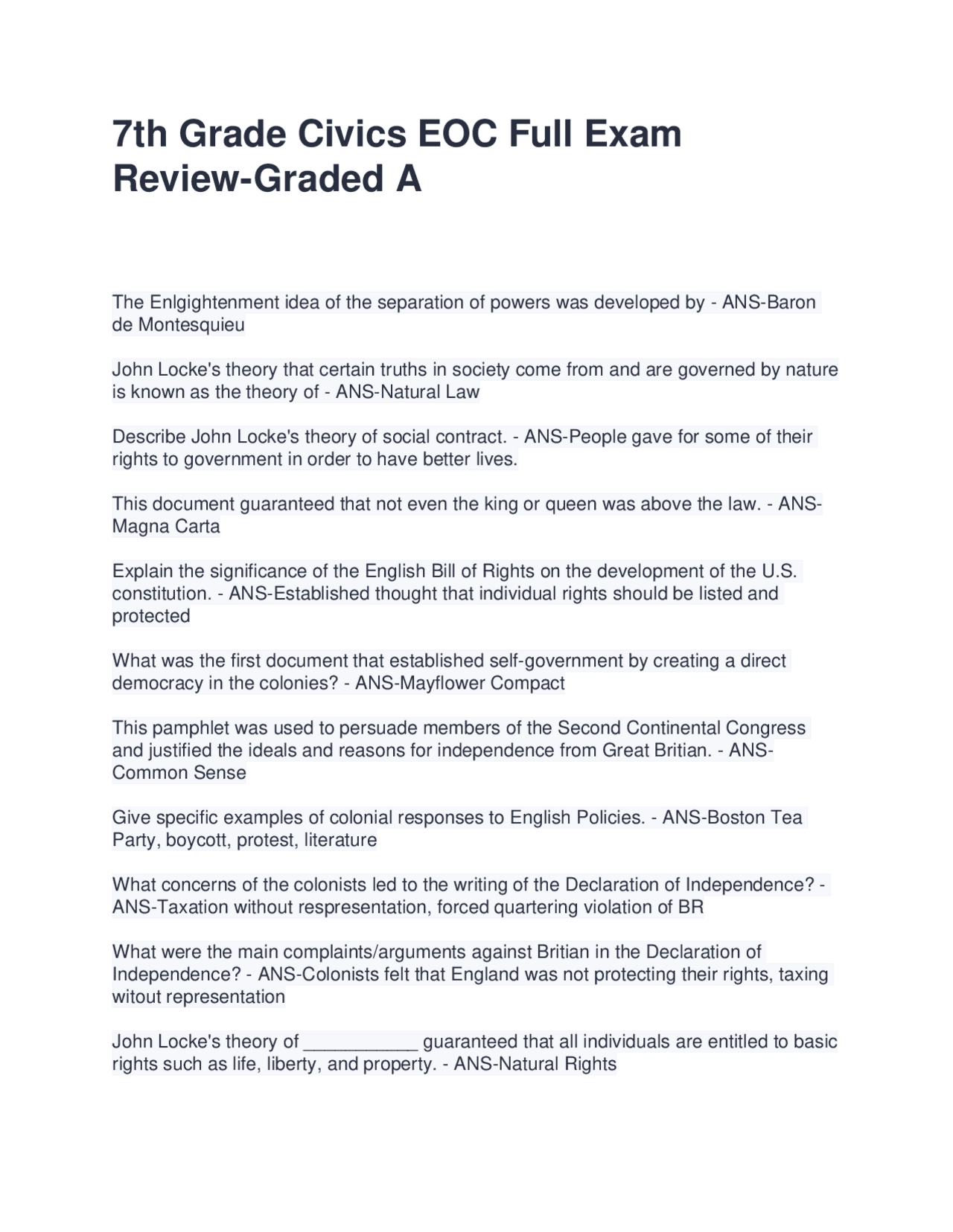 7th Grade Civics EOC Exam Review: Questions and Answers | Exams ...