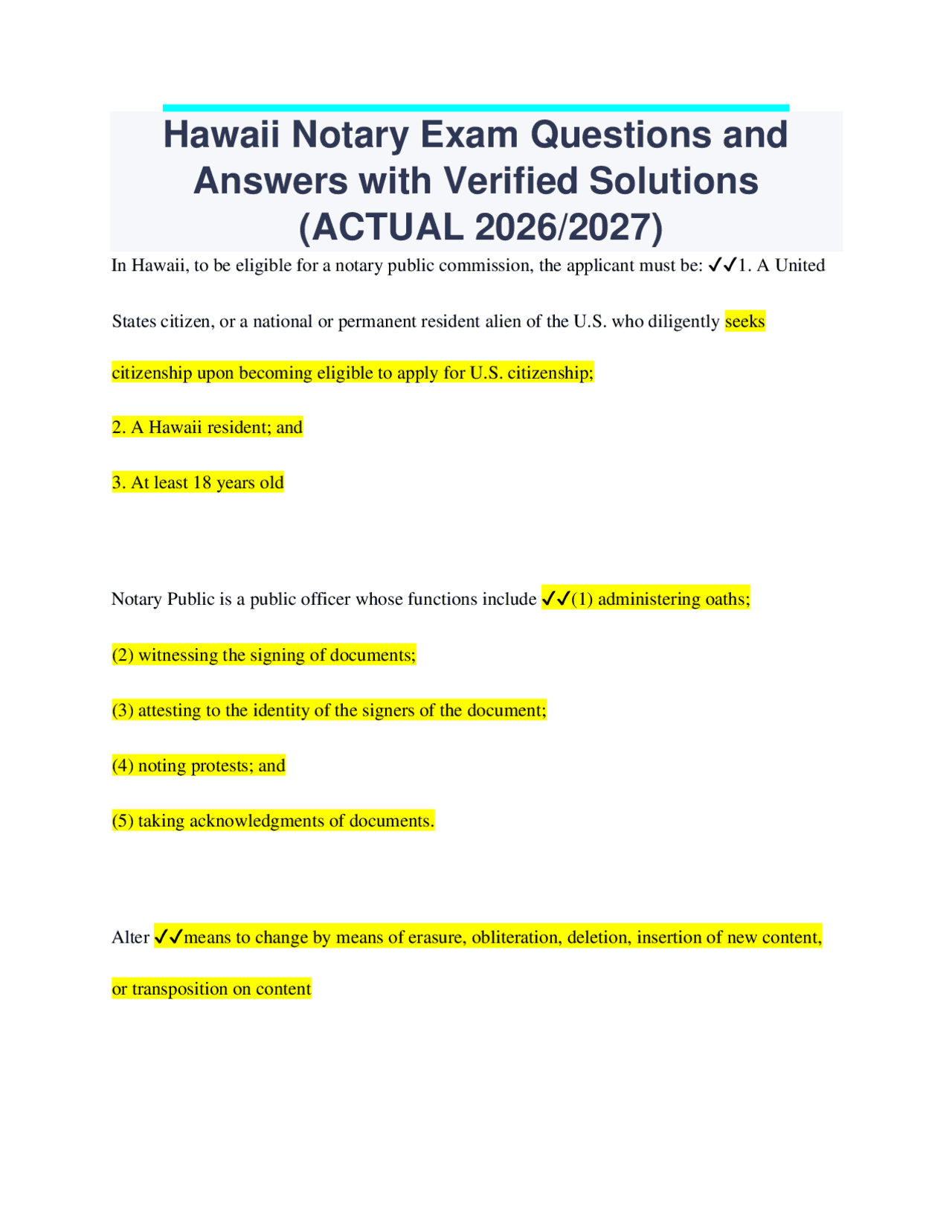 Hawaii Notary Exam Questions and Answers with Verified Solutions ...