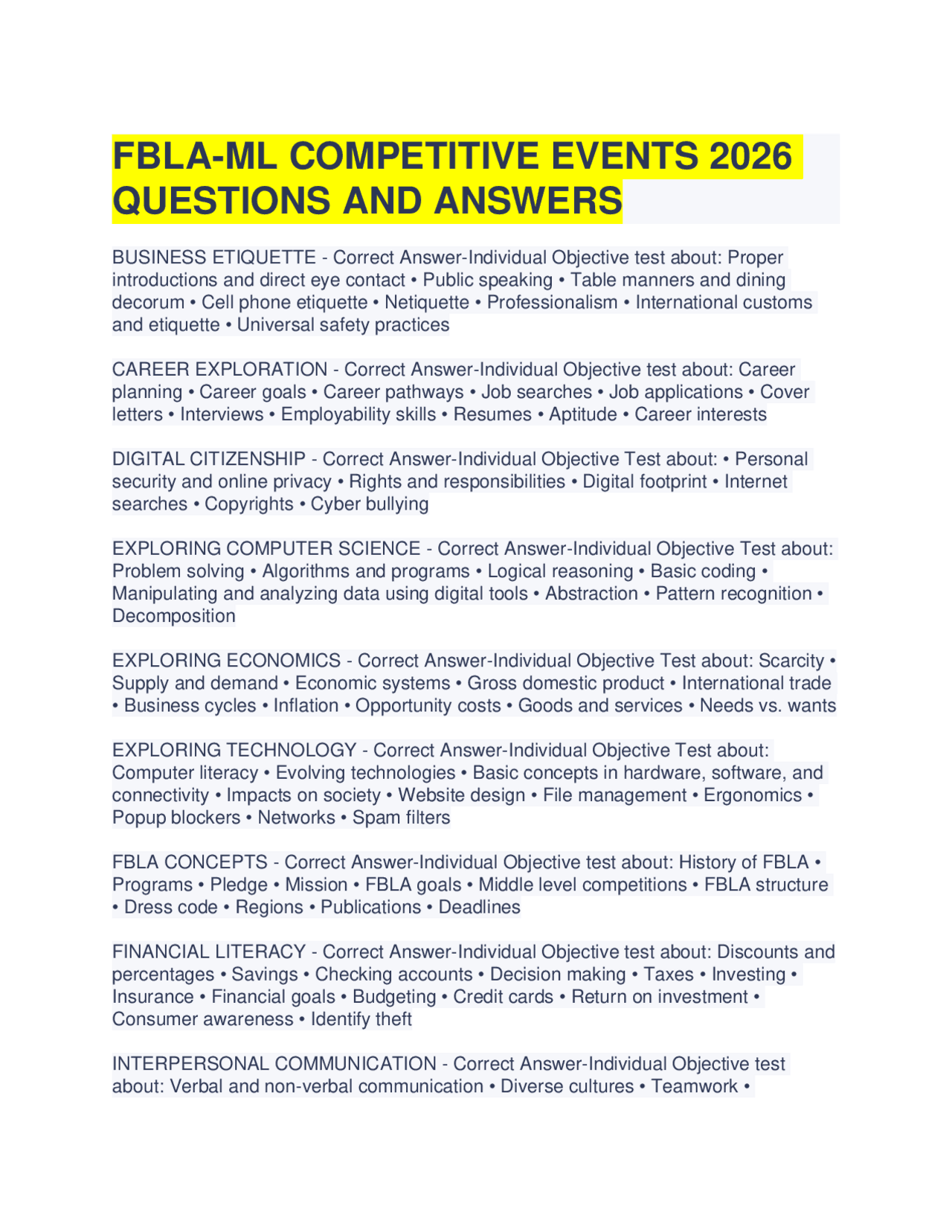 FBLA-ML Competitive Events: 2026 Questions and Answers | Exams Advanced ...
