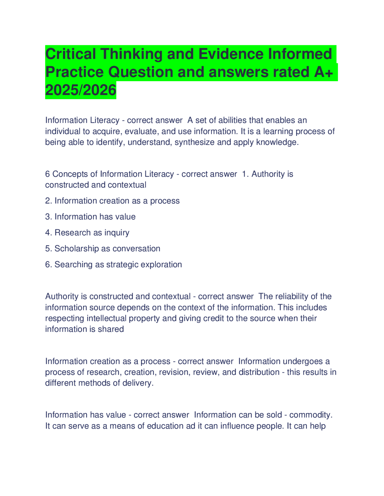 Critical Thinking and Evidence Informed Practice Question and answers ...