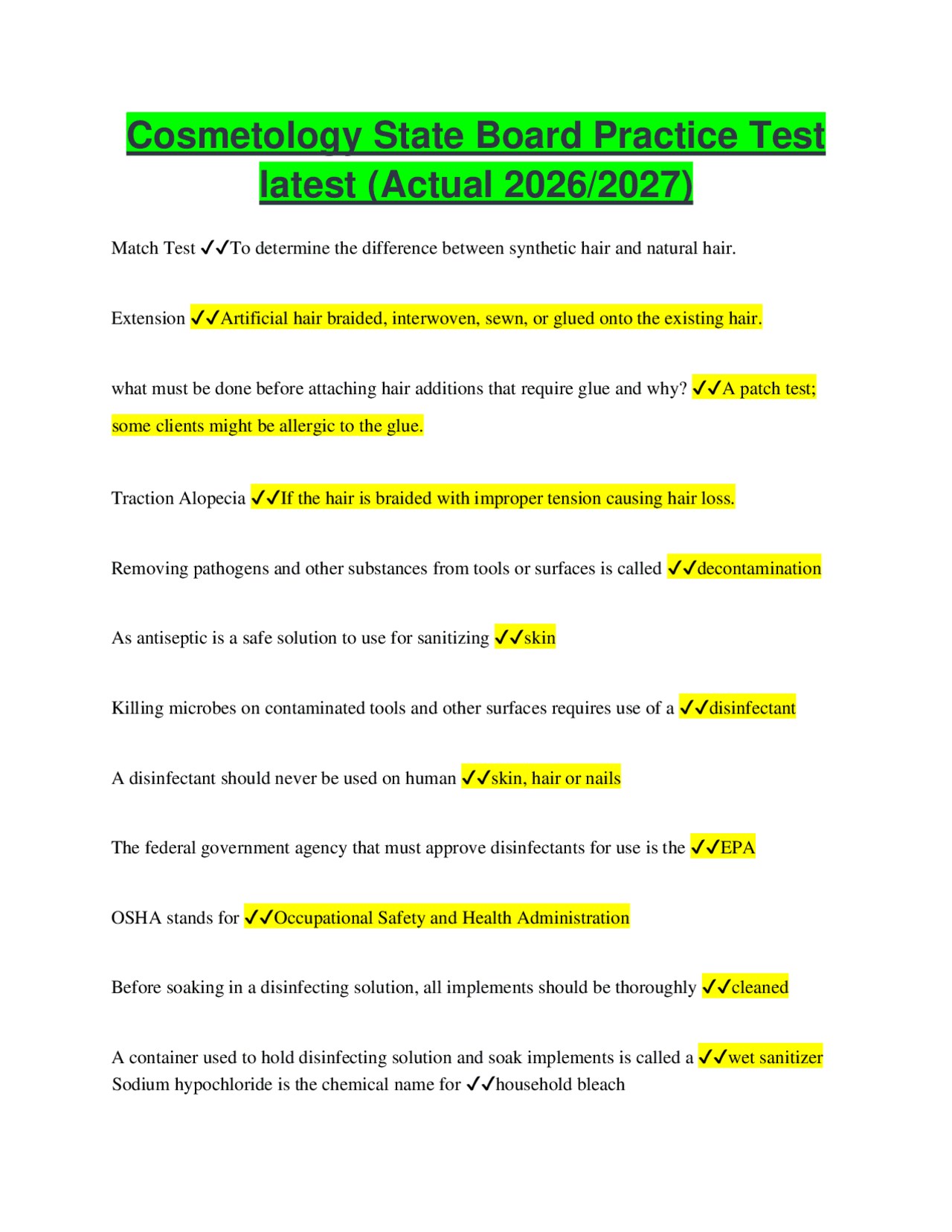 Cosmetology State Board Practice Test latest (Actual 2026/2027) | Exams ...