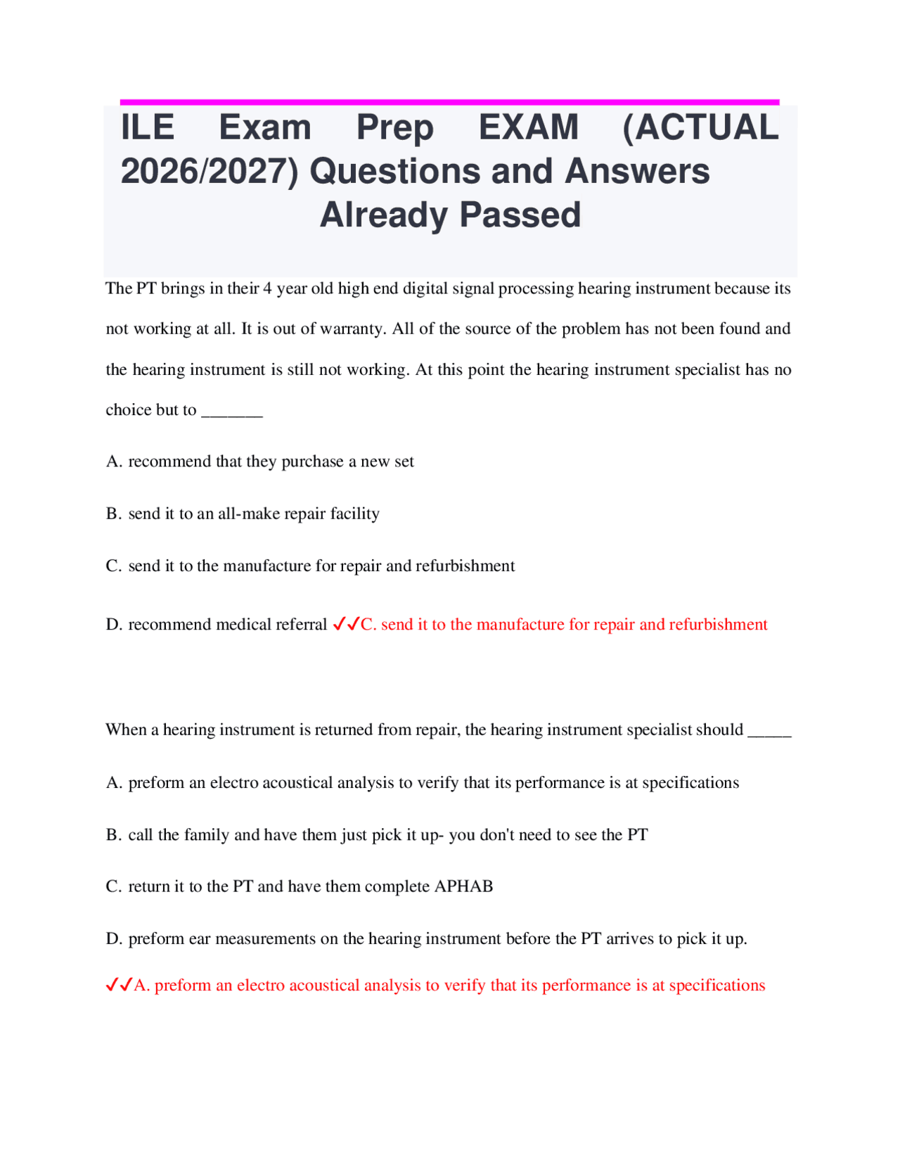 ILE Exam Prep EXAM (ACTUAL 2026/2027) Questions and Answers Already ...