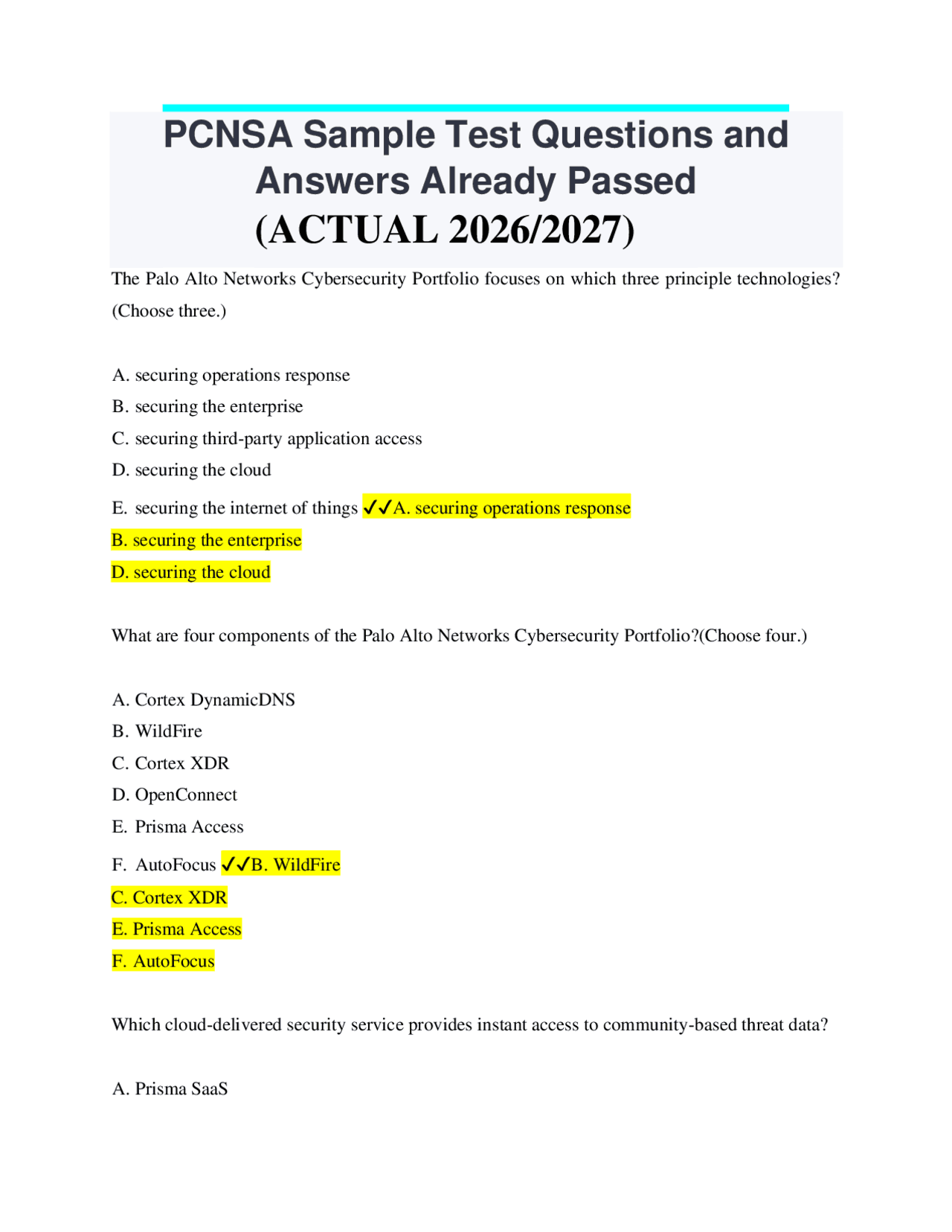 PCNSA Sample Test Questions and Answers Already Passed (ACTUAL 2026/ ...