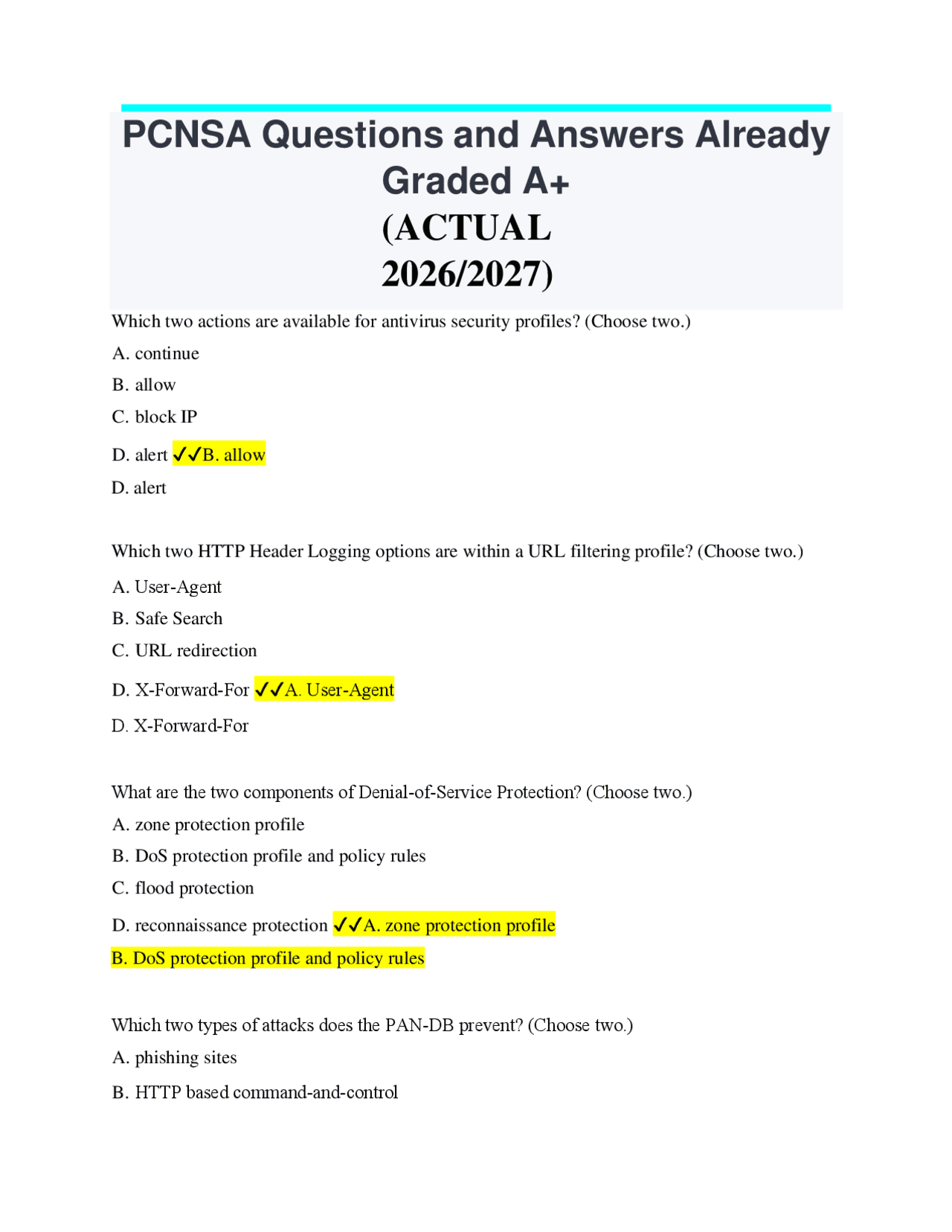 PCNSA Questions and Answers Already Graded A+ (ACTUAL 2026/2027 ...