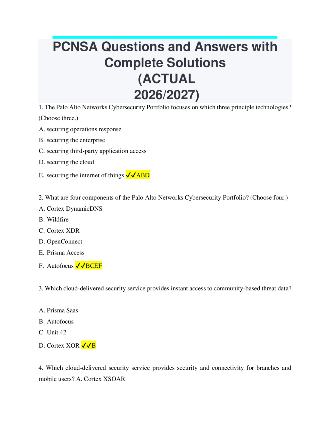 PCNSA Questions and Answers with Complete Solutions (ACTUAL 2026/2027 ...