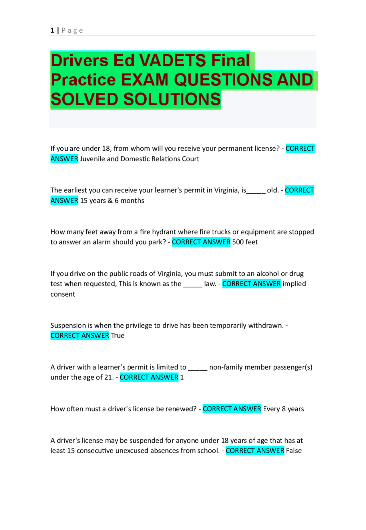 Driver's Ed Practice Exam Questions and Solutions | Exams European ...