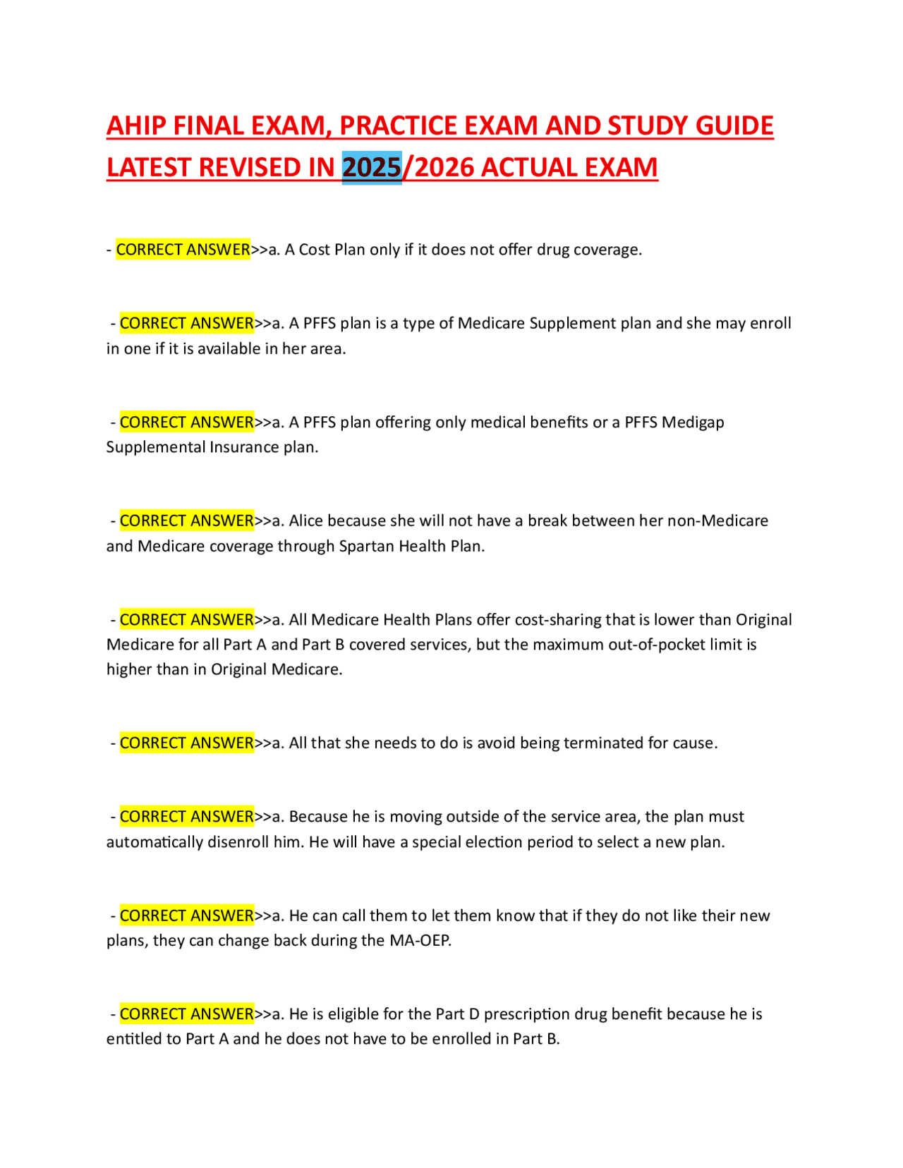 AHIP FINAL EXAM, PRACTICE EXAM AND STUDY GUIDE LATEST REVISED IN 2025/ ...