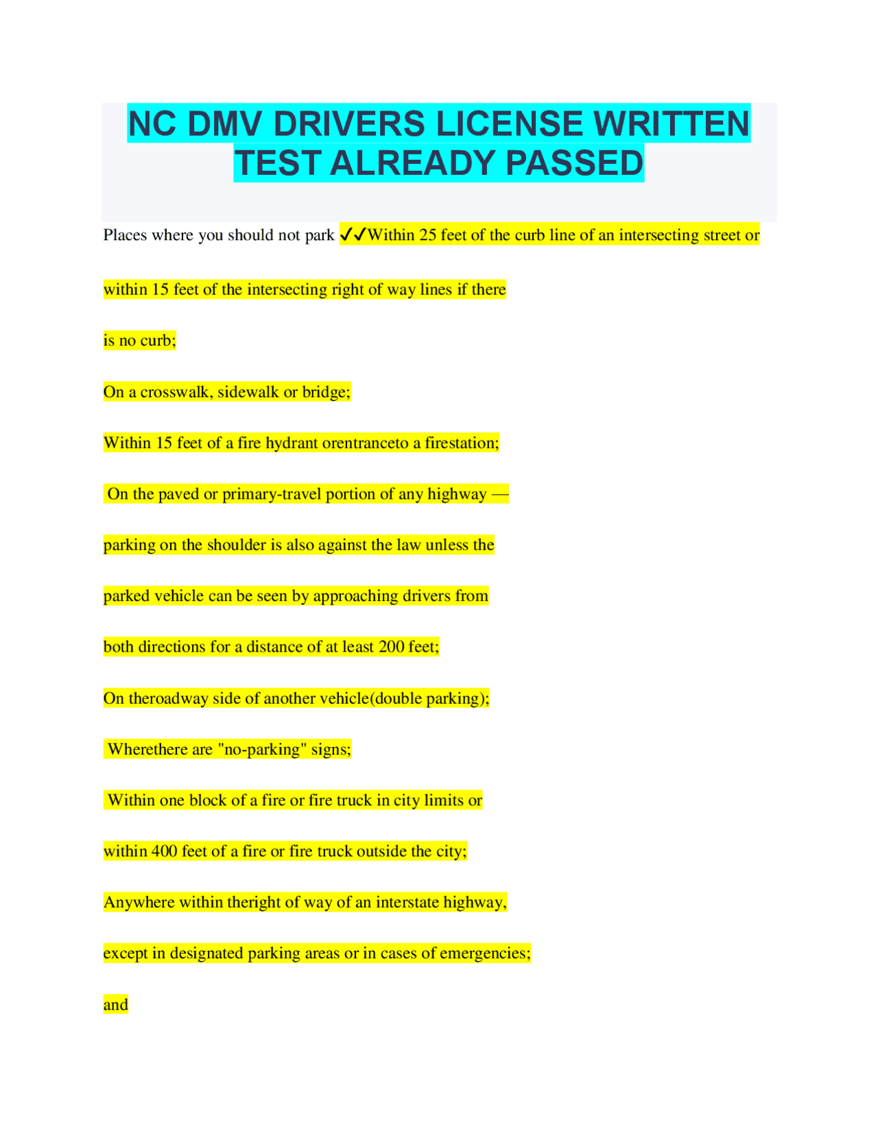 NC DMV Driver's License Written Test Study Guide | Exams Nursing | Docsity