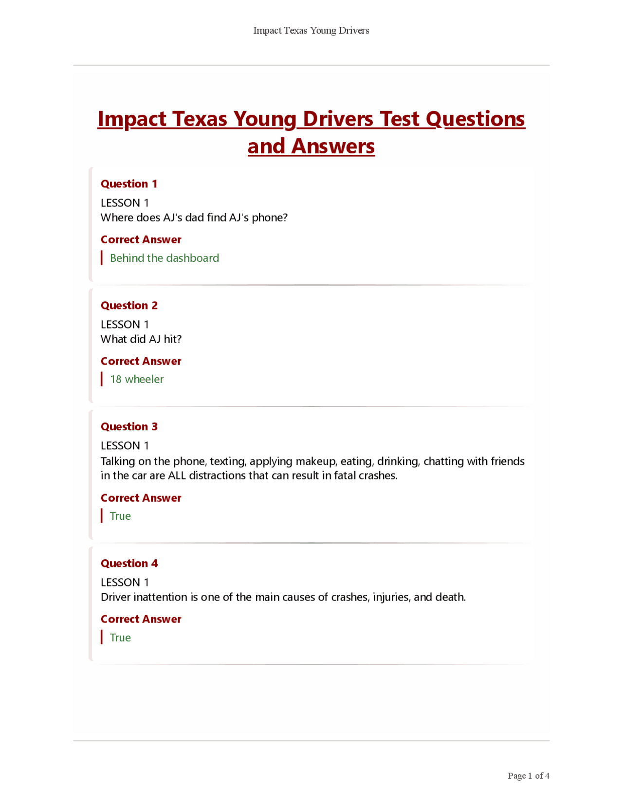 Impact Texas Young Drivers: Test Questions and Answers | Exams Nursing ...