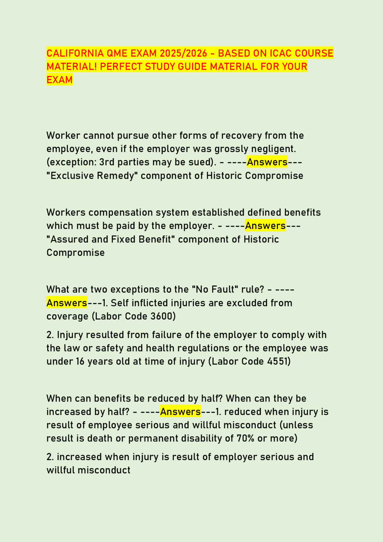 California QME Exam Study Guide: Workers' Compensation | Exams Nursing ...