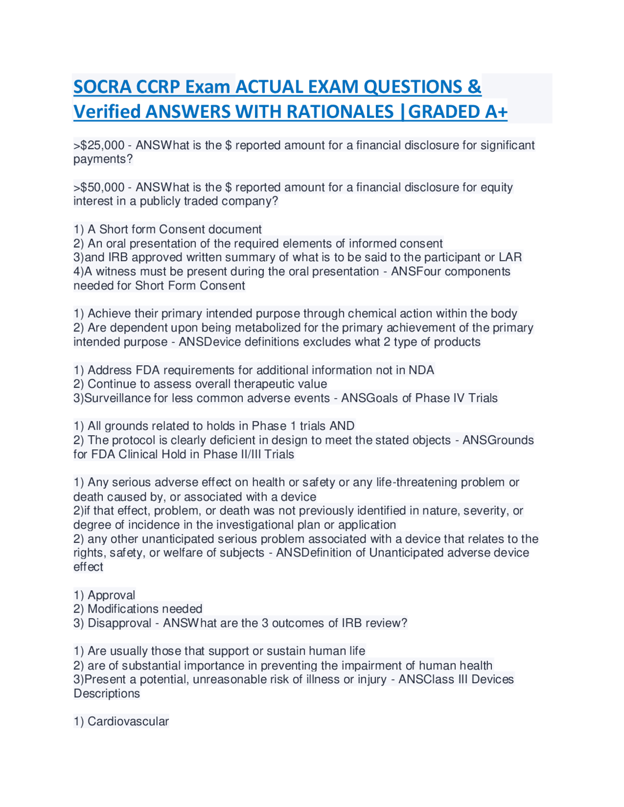 SOCRA CCRP Exam ACTUAL EXAM QUESTIONS & DETAILED ANSWERS WITH ...