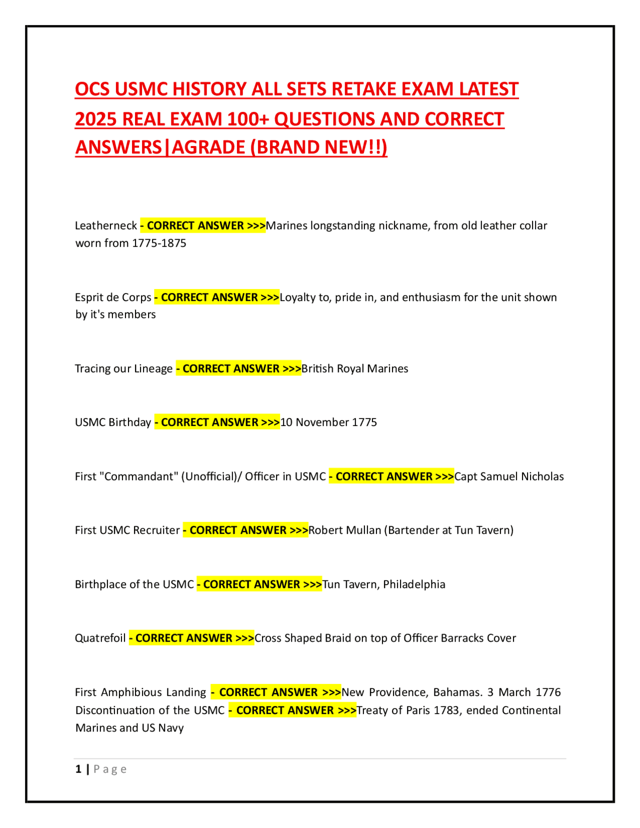 USMC History Exam Questions and Answers 2025 | Exams Nursing | Docsity