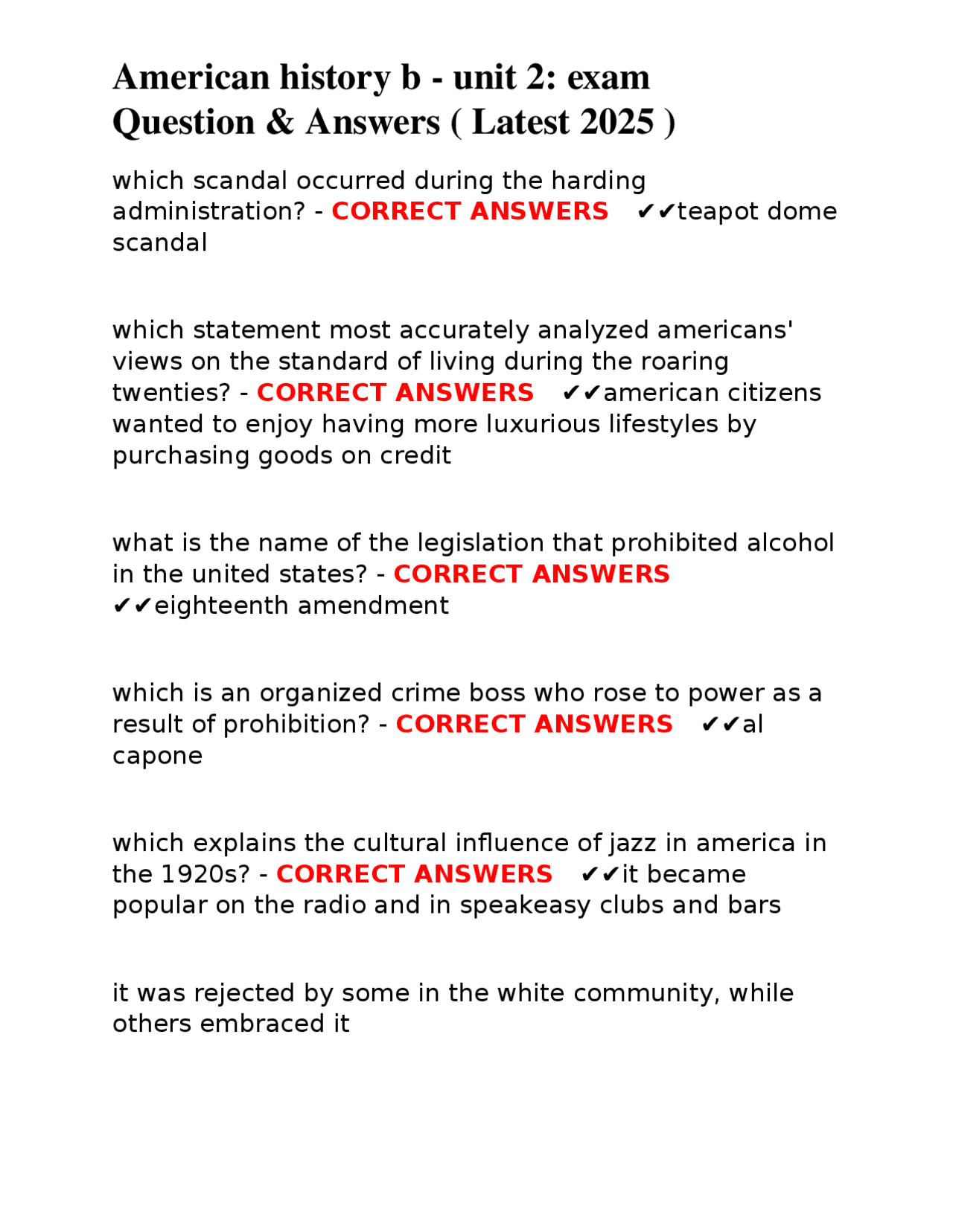 American History Unit 2 Exam Q&A (2025) | Exams Nursing | Docsity