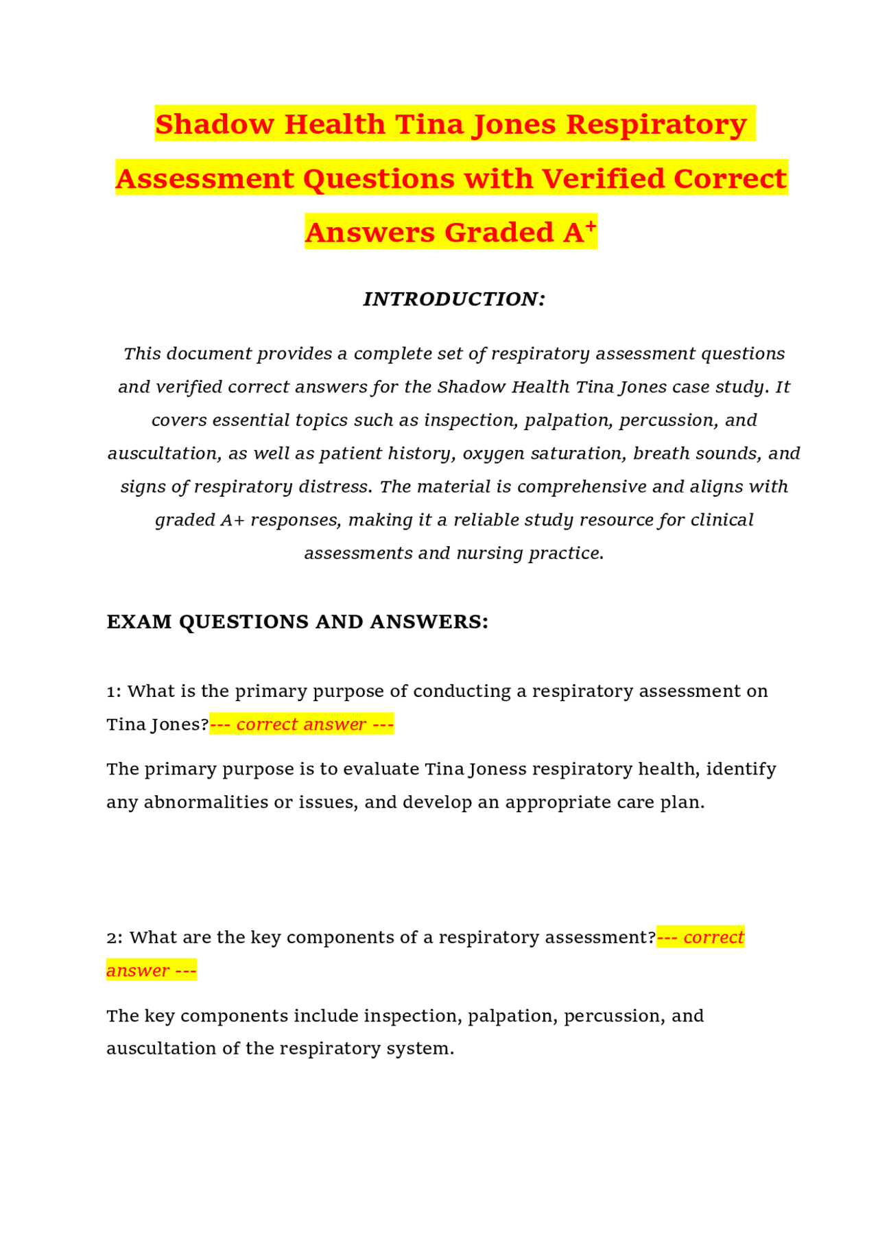 Shadow Health Tina Jones Respiratory Assessment: Questions and Answers ...