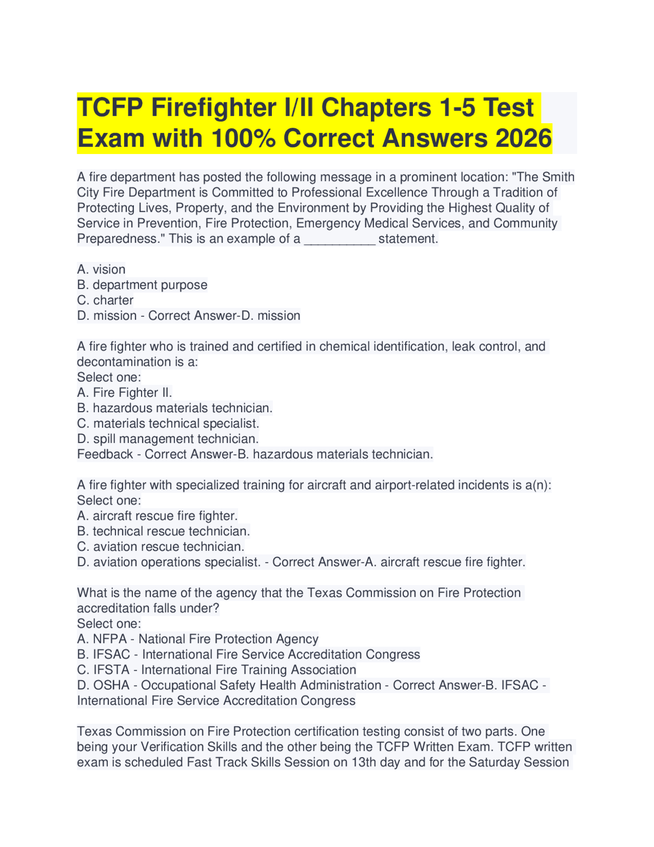 TCFP Firefighter I/II Chapters 1-5 Test Exam with 100% Correct Answers ...