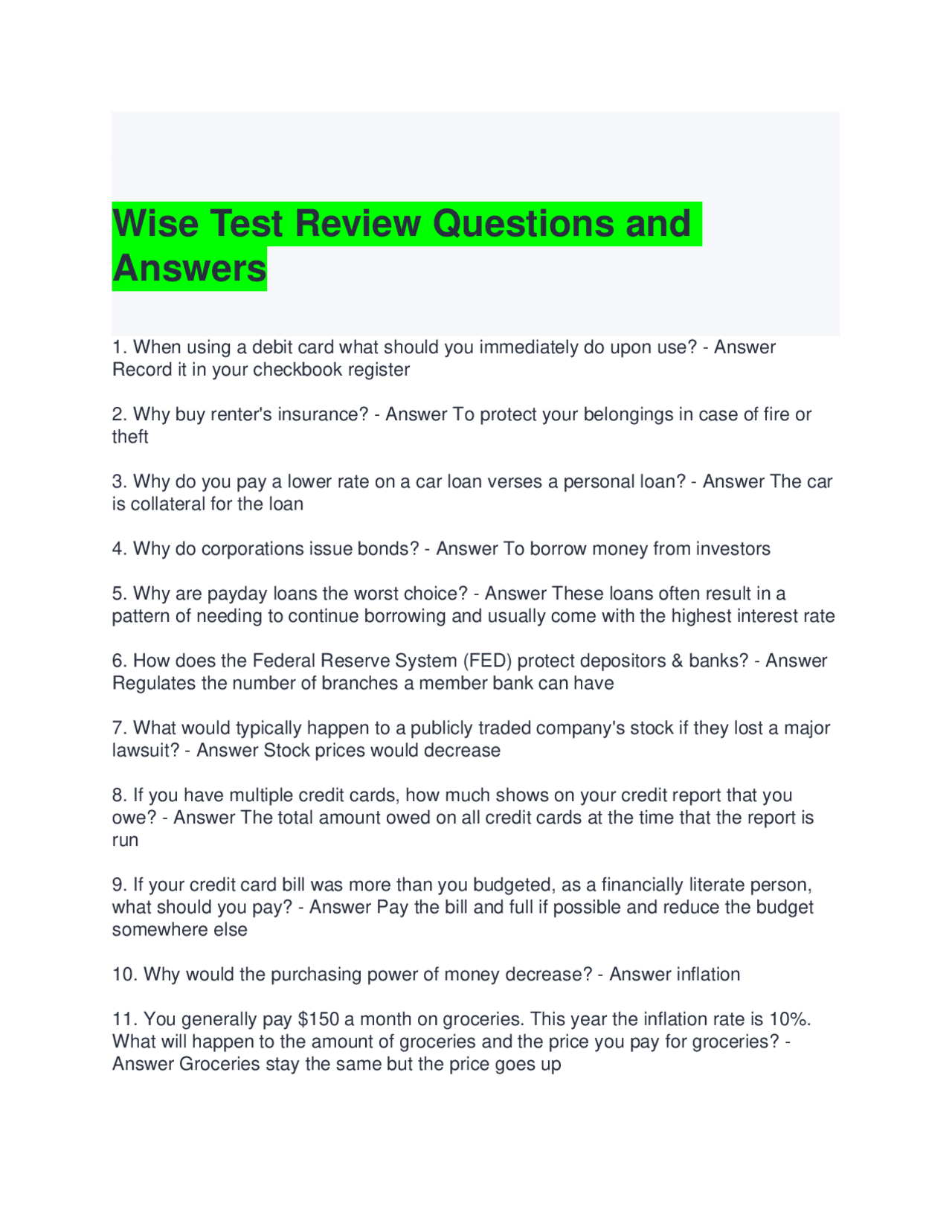 Wise Test Review: Financial Literacy Q&A | Exams Advanced Education ...