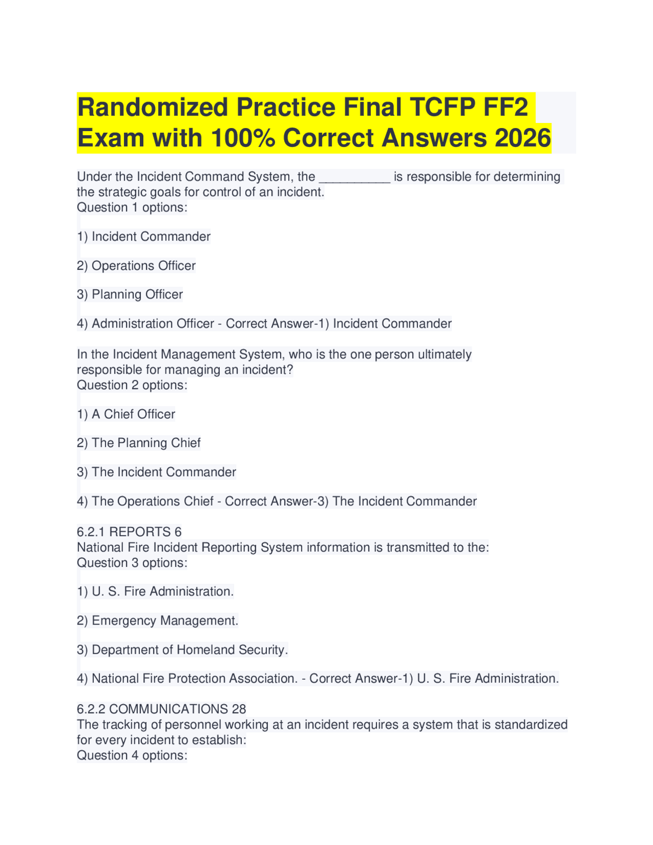 Randomized Practice Final TCFP FF2 Exam with 100% Correct Answers 2026 ...