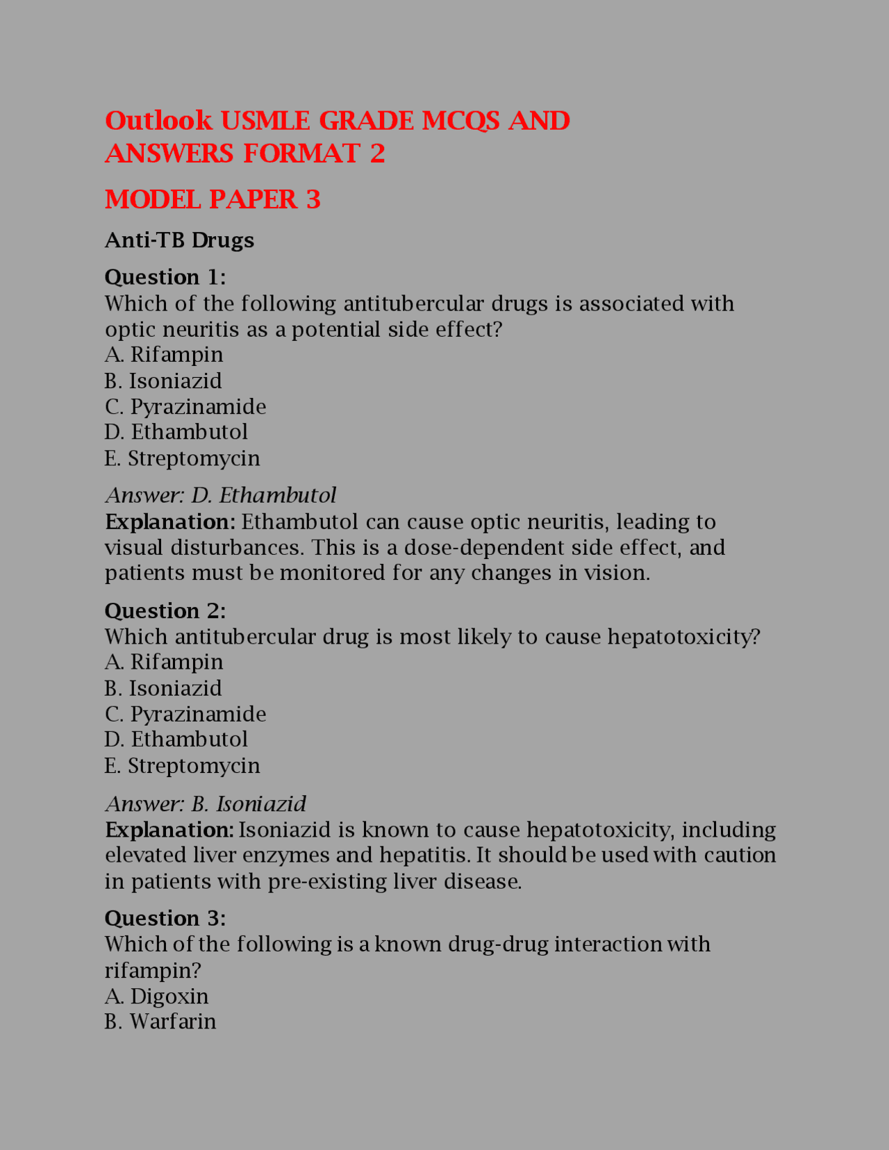 Outlook USMLE GRADE MCQS AND ANSWERS FORMAT 2 MODEL PAPER 3.pdf | Exams Nursing | Docsity