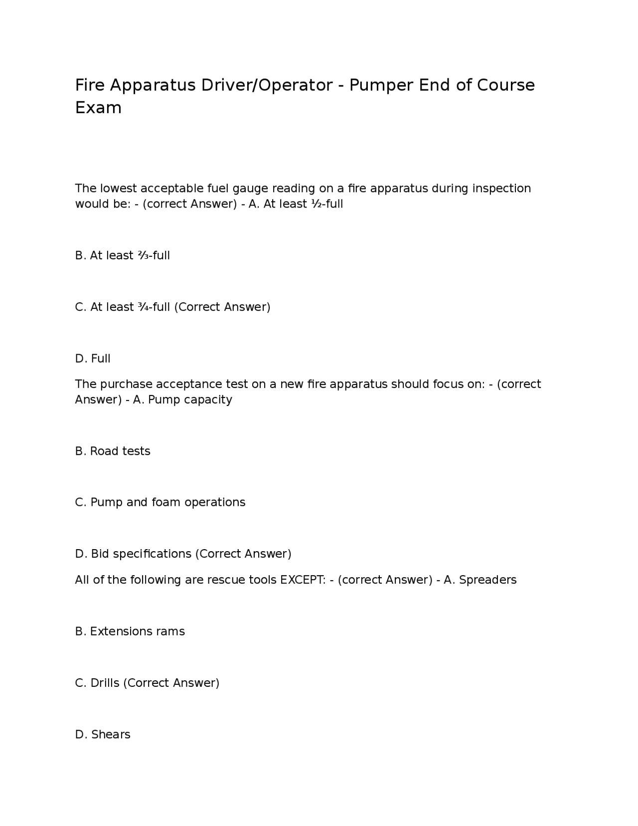 Fire Apparatus Driver/Operator Pumper End of Course Exam Questions and ...