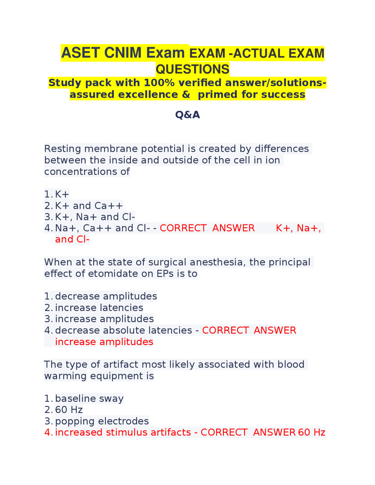 ASET CNIM Exam EXAM -ACTUAL EXAM QUESTIONS Study pack with 100% ...