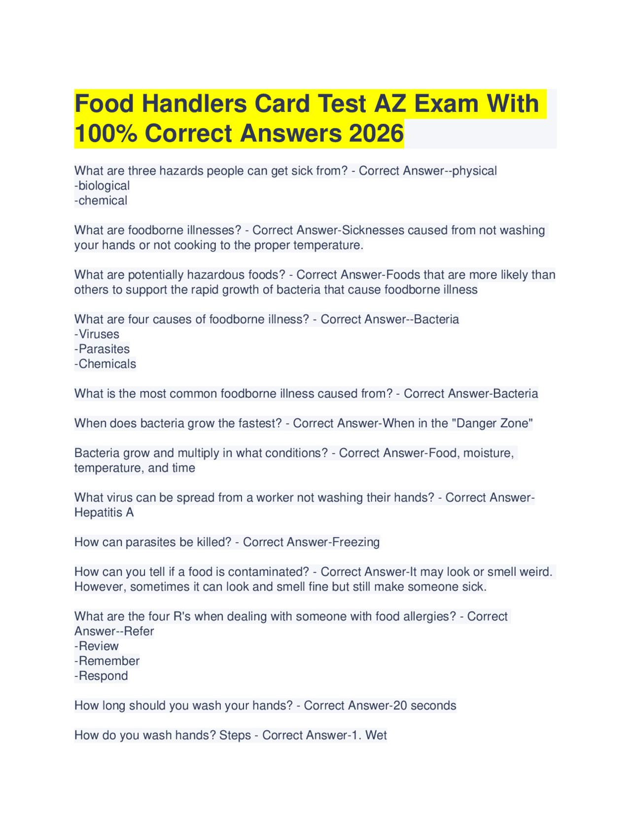 Food Handler Certification Exam Questions and Answers | Exams Advanced ...
