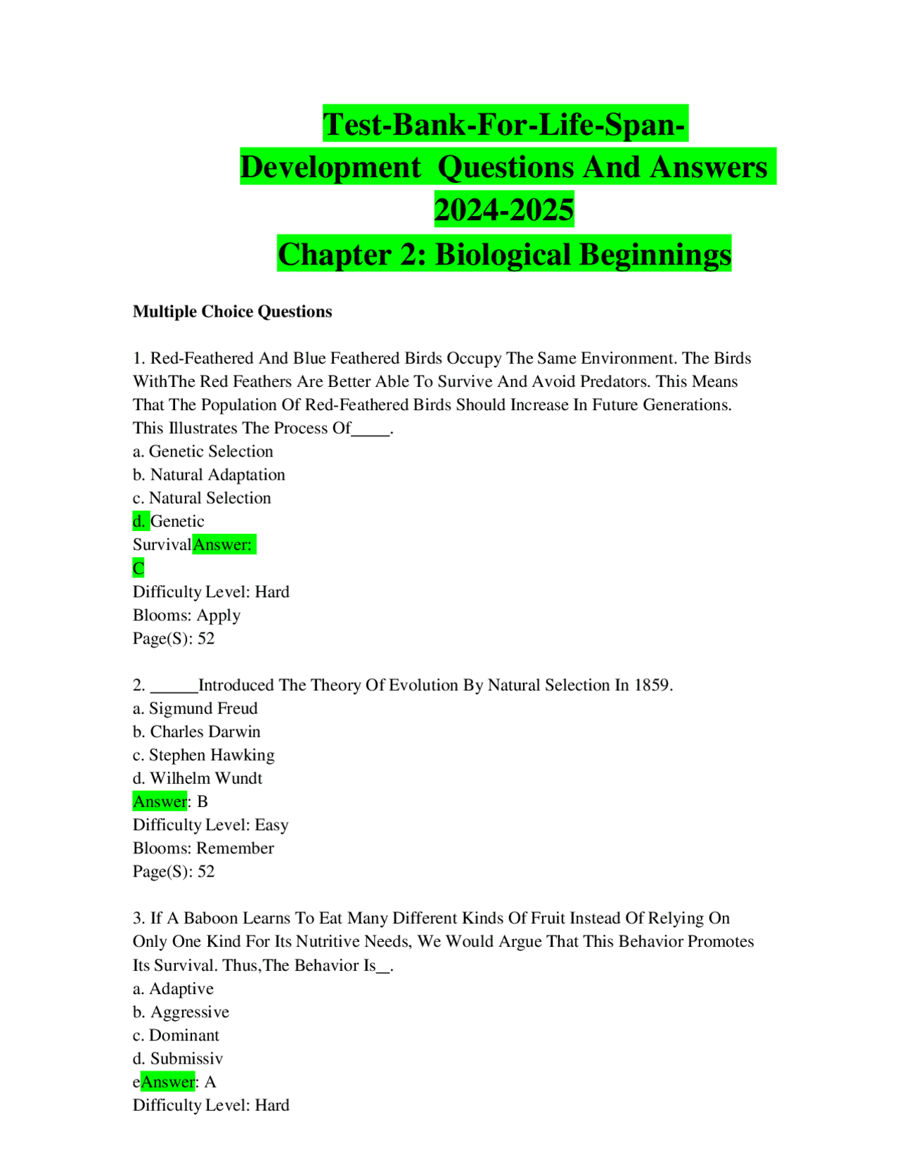 TEST-BANK-FOR-LIFE-SPAN- DEVELOPMENT QUESTIONS AND ANSWERS 2024-2025 ...