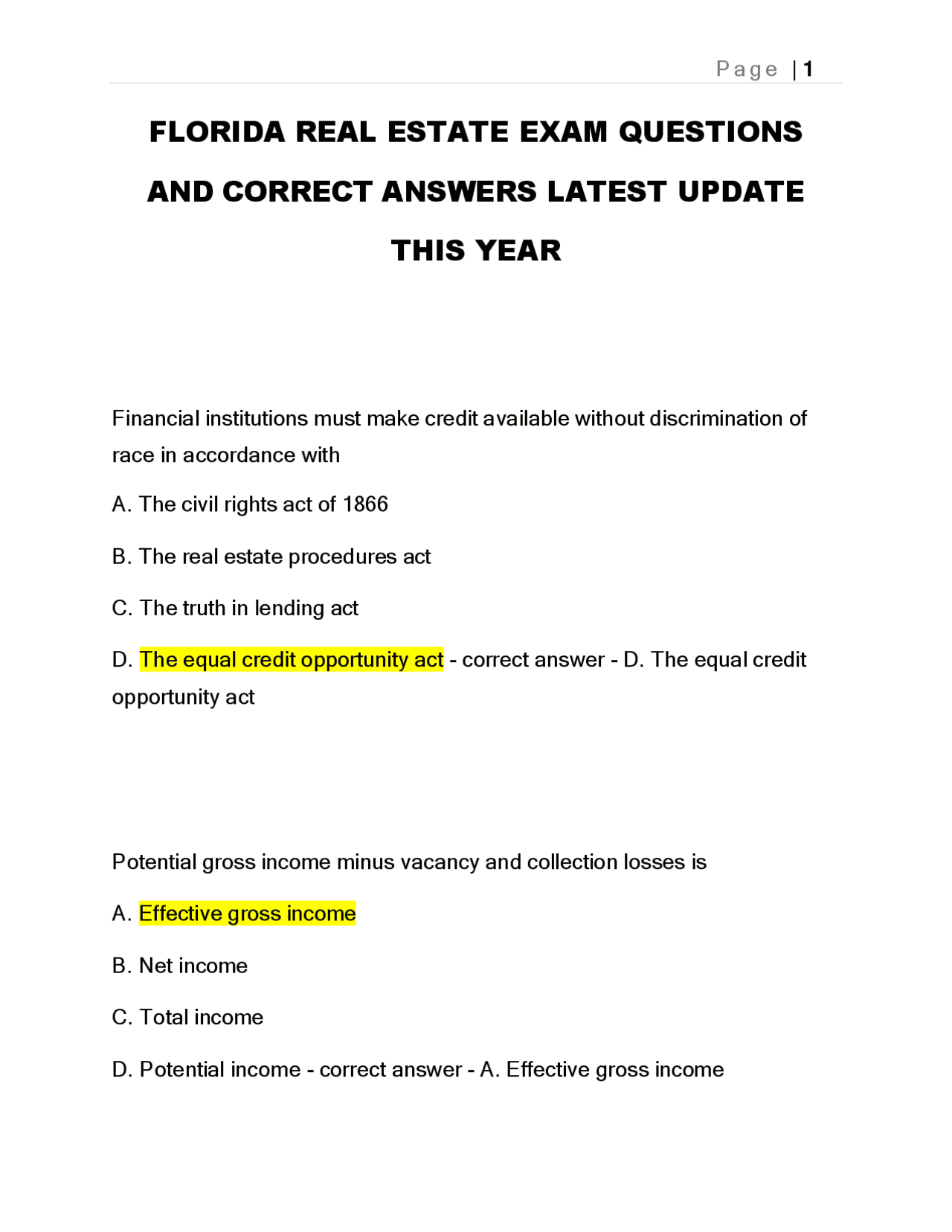 FLORIDA REAL ESTATE EXAM QUESTIONS AND CORRECT ANSWERS LATEST UPDATE ...