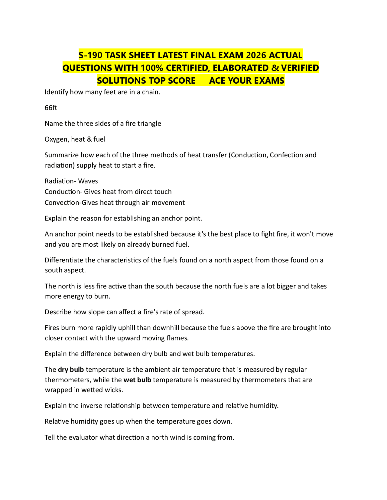 S-190 TASK SHEET LATEST FINAL EXAM 2026 ACTUAL QUESTIONS WITH 100% ...