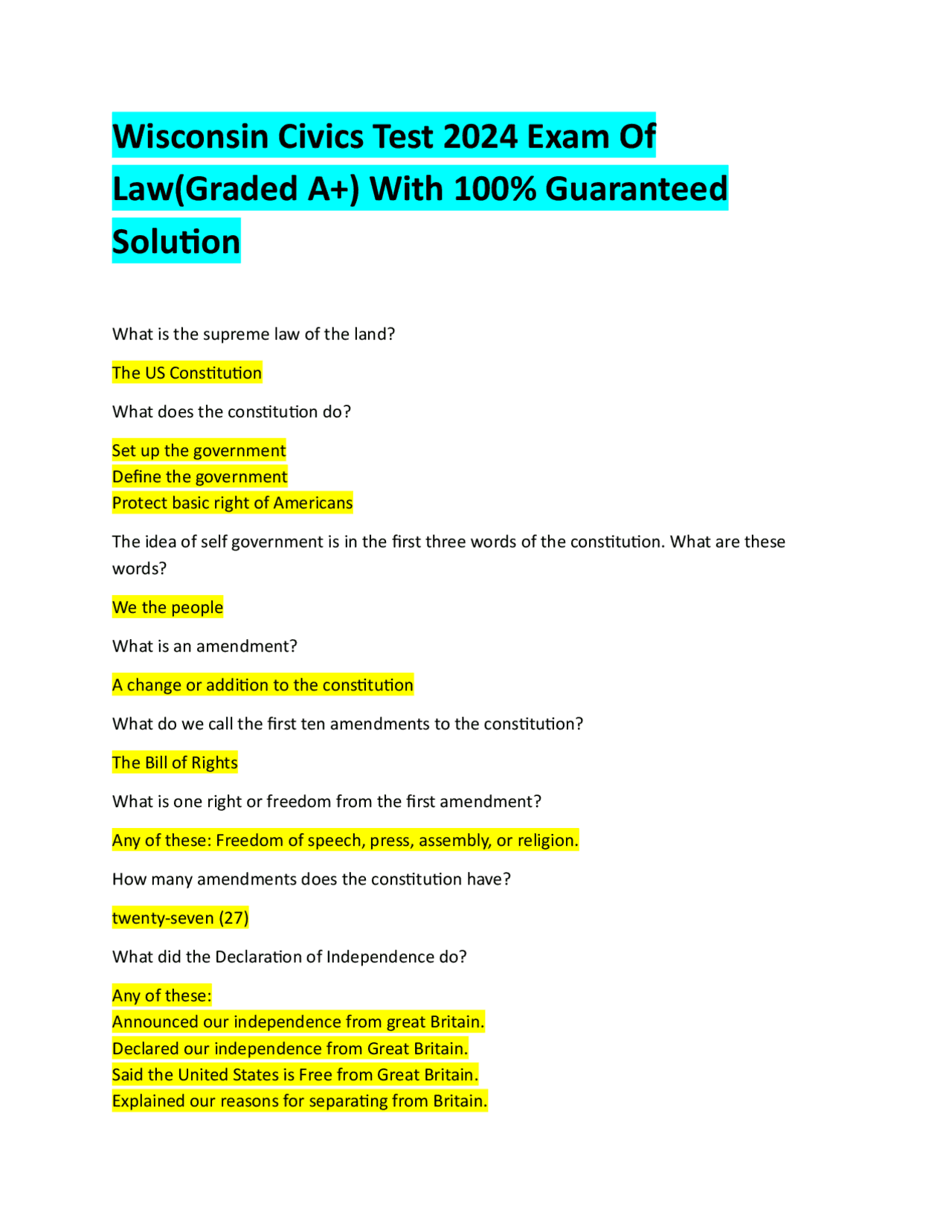 Wisconsin Civics Test 2024 Exam Of Law(Graded A+) With 100% Guaranteed ...