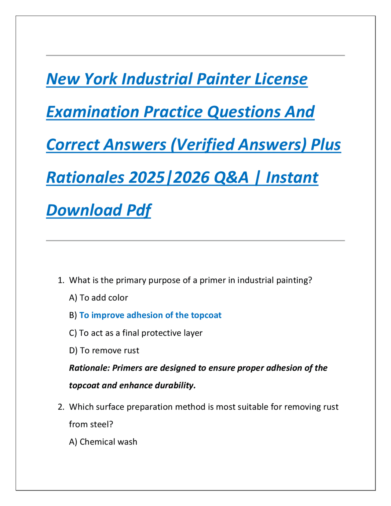 Industrial Painter License Exam Practice Questions and Answers 2025 ...