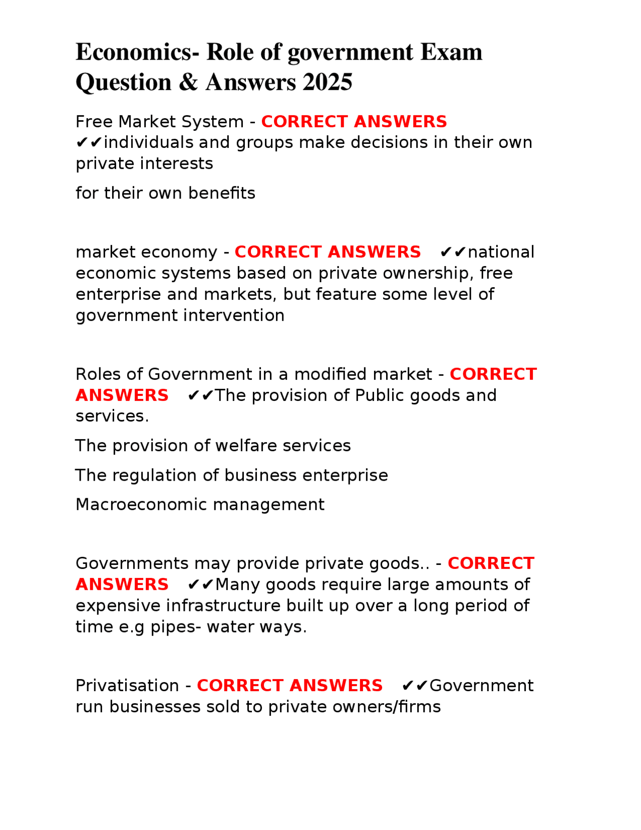 Economics Exam Questions and Answers: Government's Role in the Economy ...