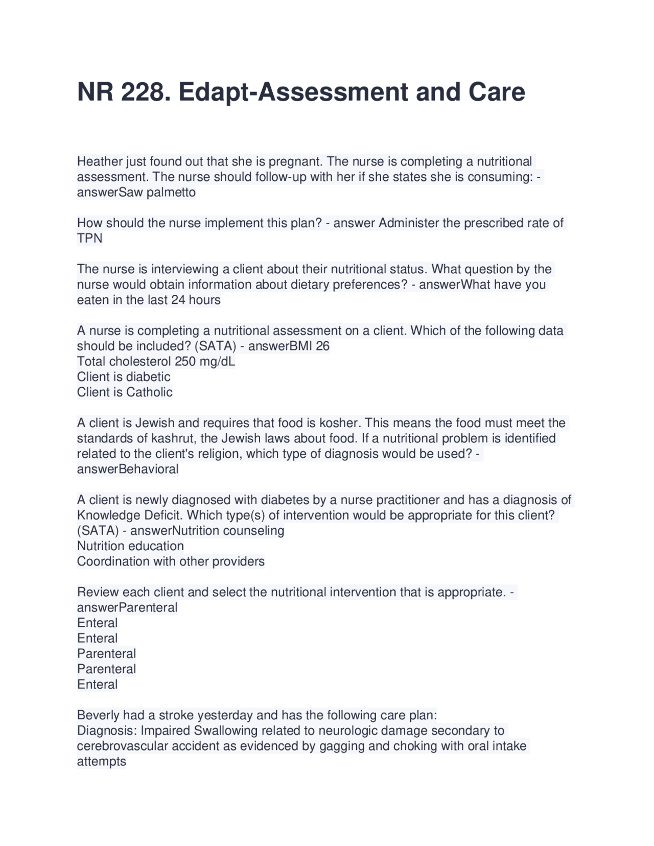 Nutritional Assessment and Care: Questions and Answers for Nursing ...