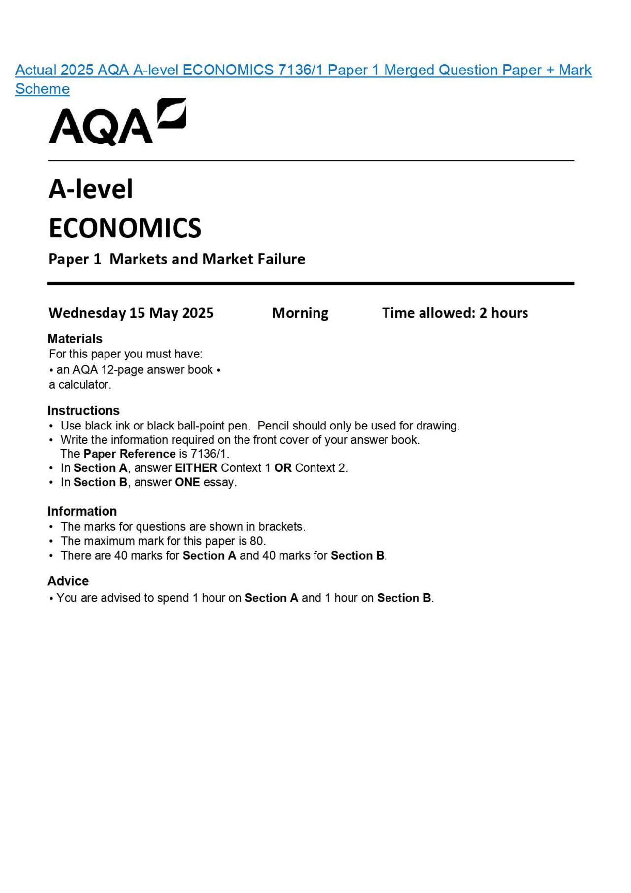 Actual 2025 AQA A-level ECONOMICS 7136/1 Paper 1 Merged Question Paper ...