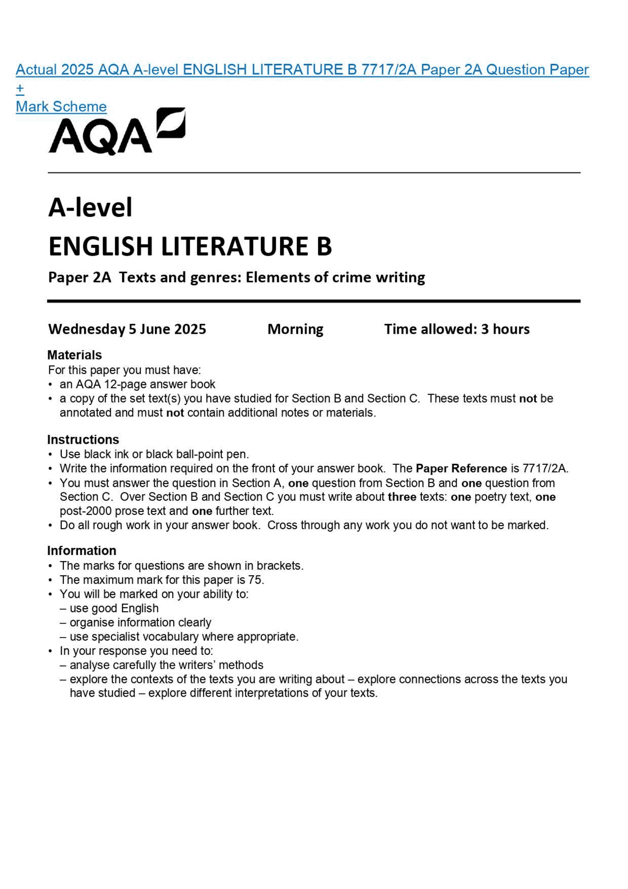 Actual 2025 AQA A-level ENGLISH LITERATURE B 7717/2A Paper 2A Question ...