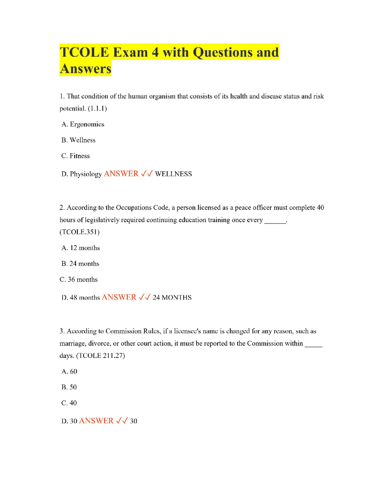 TCOLE Exam 4 with Questions and Answers | Exams Law | Docsity